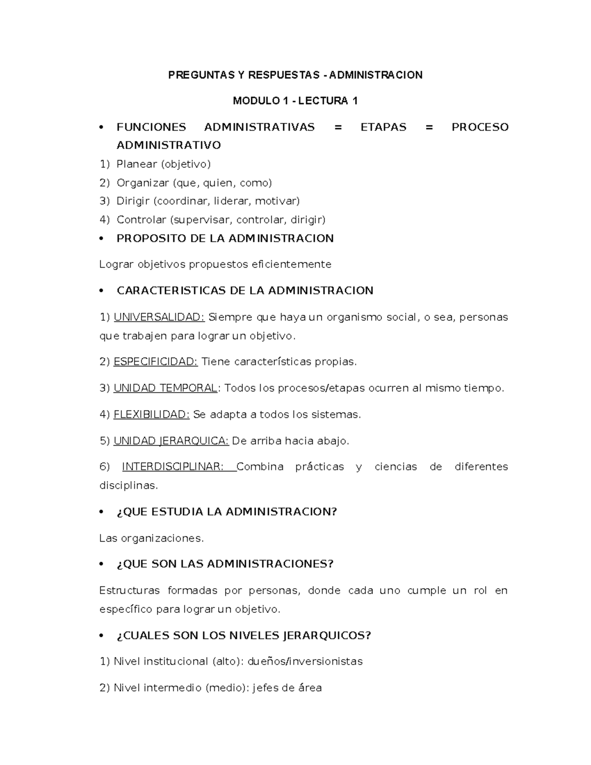 Preguntas y Respuestas de Adm. - Módulo 1 - Lectura 1 Resumido - Studocu