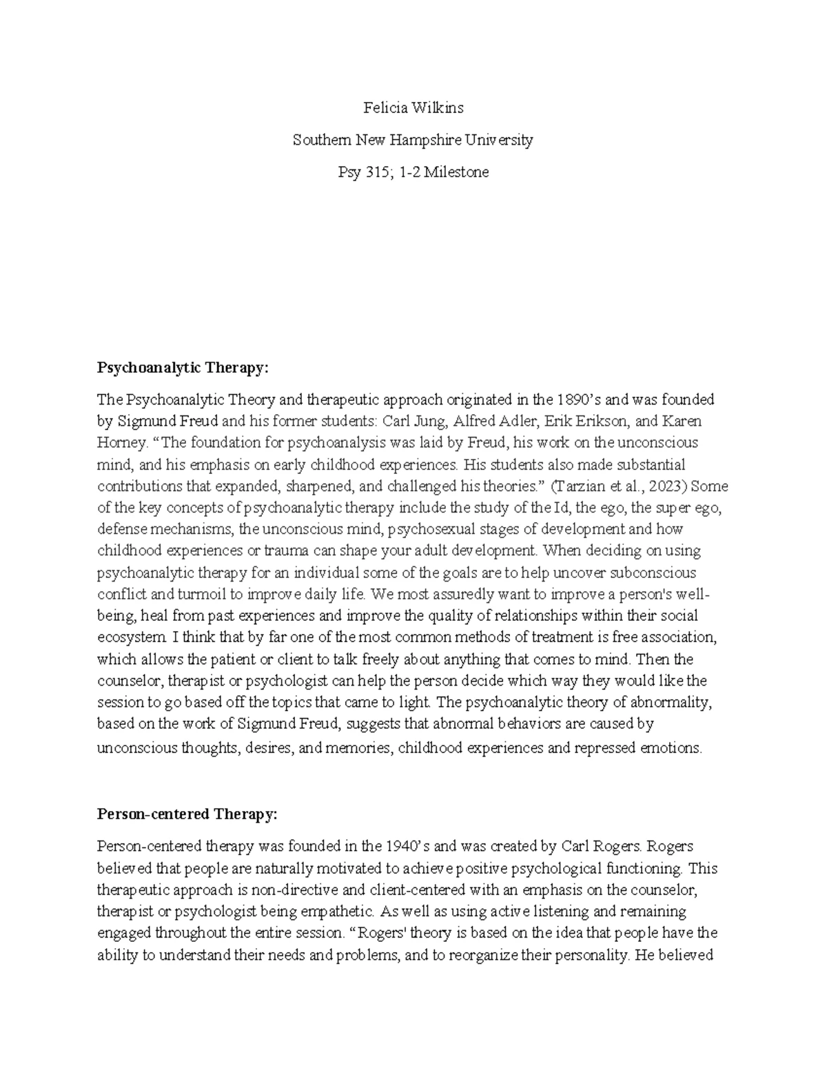 PSY 315 Comparative Analysis of Psychoanalytic & Person-Centered ...