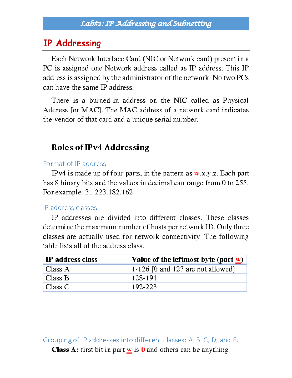Lab 2: Introduction to IP Addressing & Subnetting Basics - Studocu