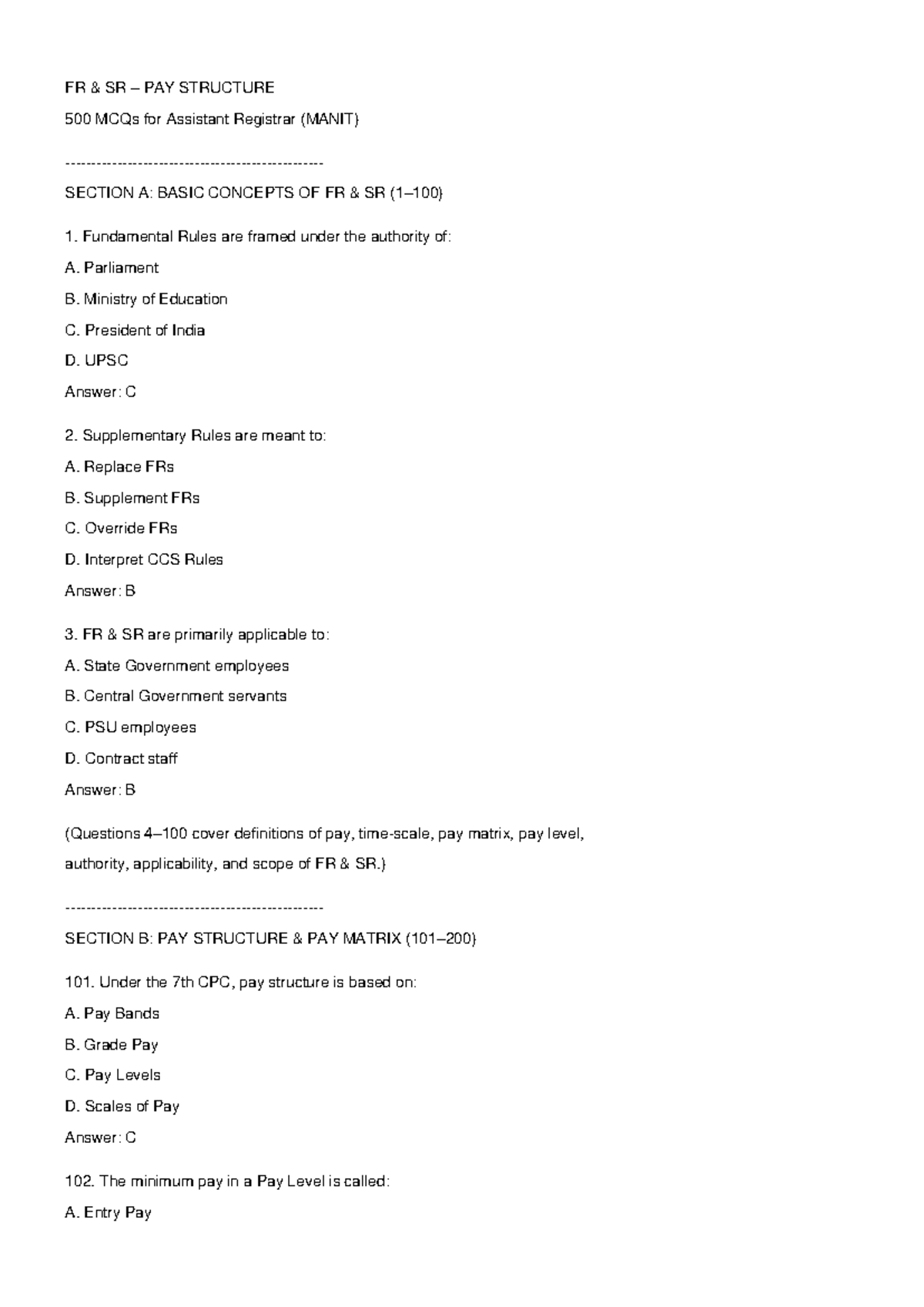 FR SR Pay Structure: 500 MCQs for Assistant Registrar (MANIT) - Studocu