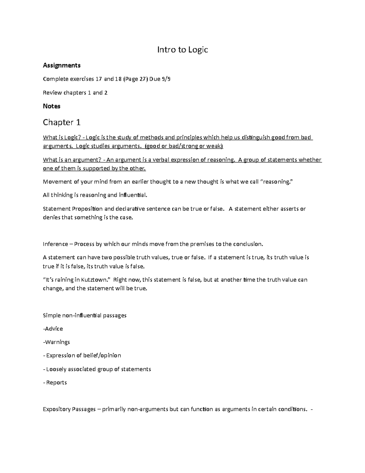 Intro to Logic Notes - Key Concepts and Argument Analysis - Studocu
