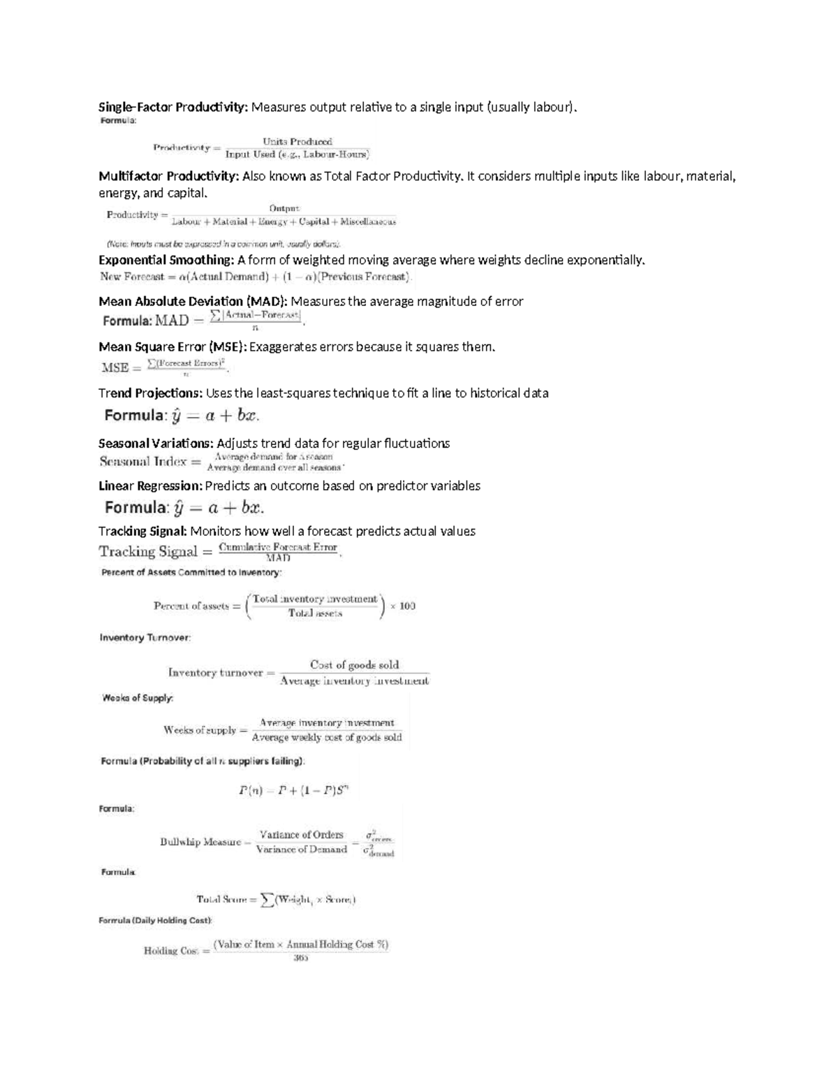 BADM2060 Formula Sheet - Single-Factor Productivity: Measures output ...
