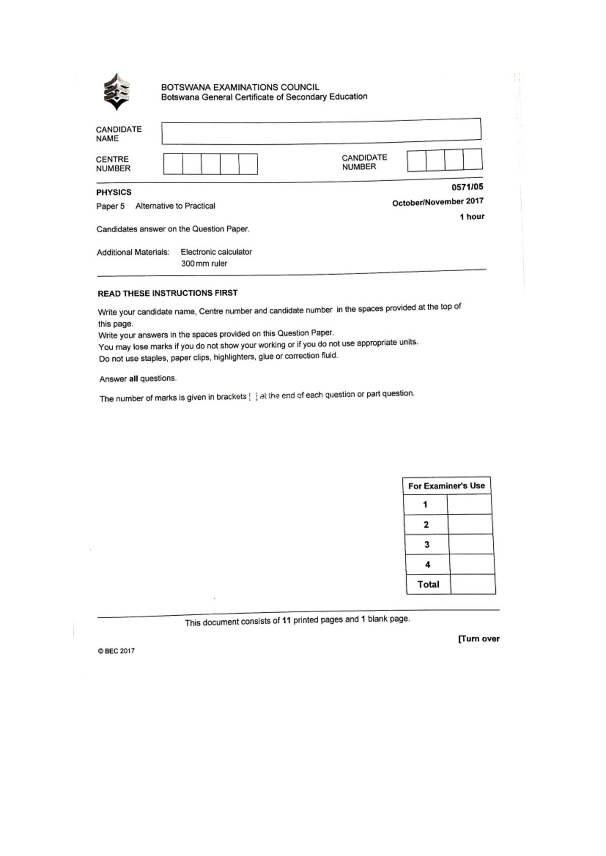 BgCSE Physics Paper 5 Alternative to Practical 2017 Exam Guide - Studocu