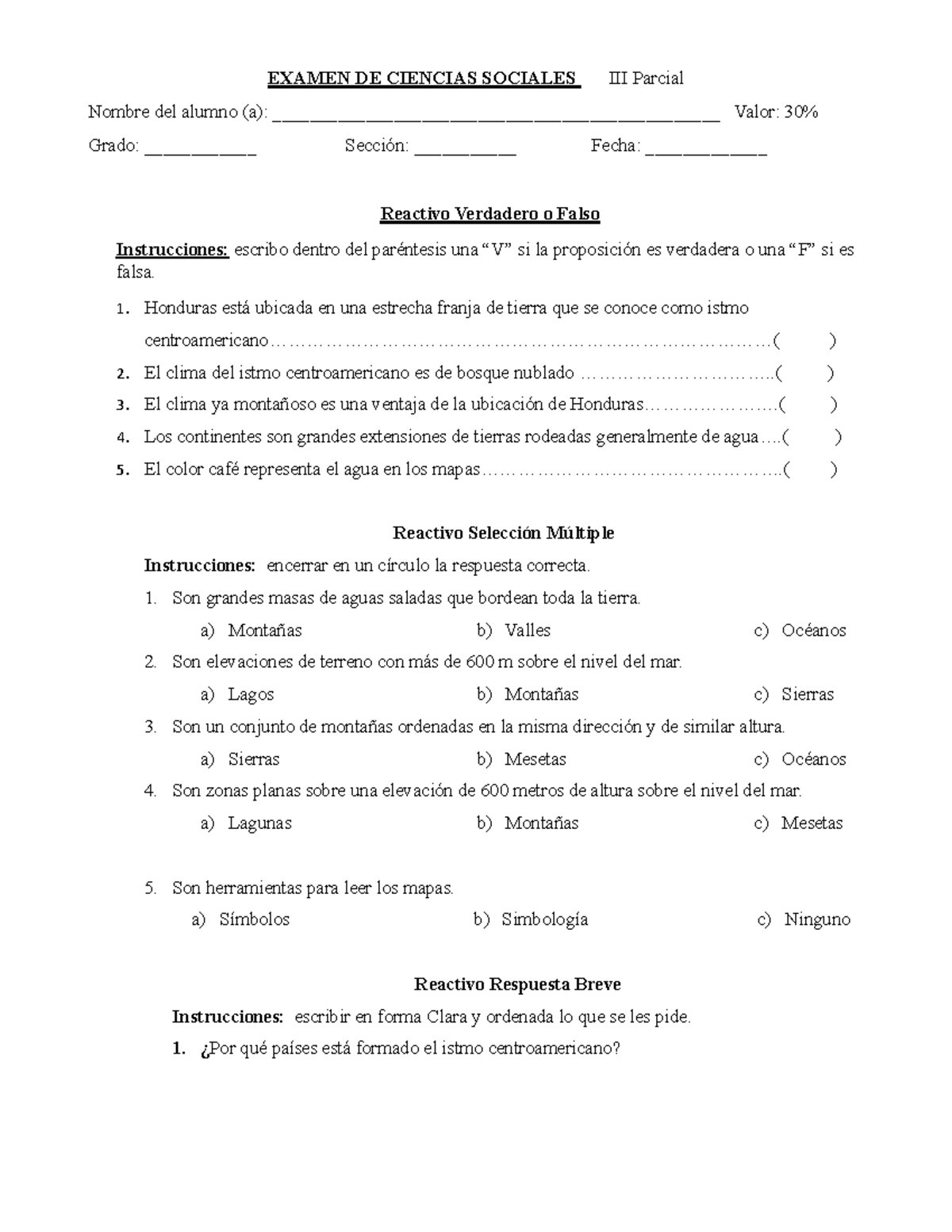 EXAMEN DE CIENCIAS SOCIALES Parcial: Verdadero/Falso y Selección ...