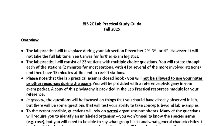 BIS 2C Lab Practical Study Guide - Fall 2025 Overview - Studocu