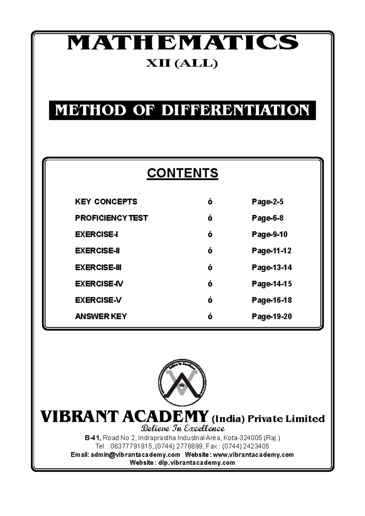 MATHEMATICS XII (ALL) METHOD OF DIFFERENTIATION: KEY CONCEPTS & TESTS ...