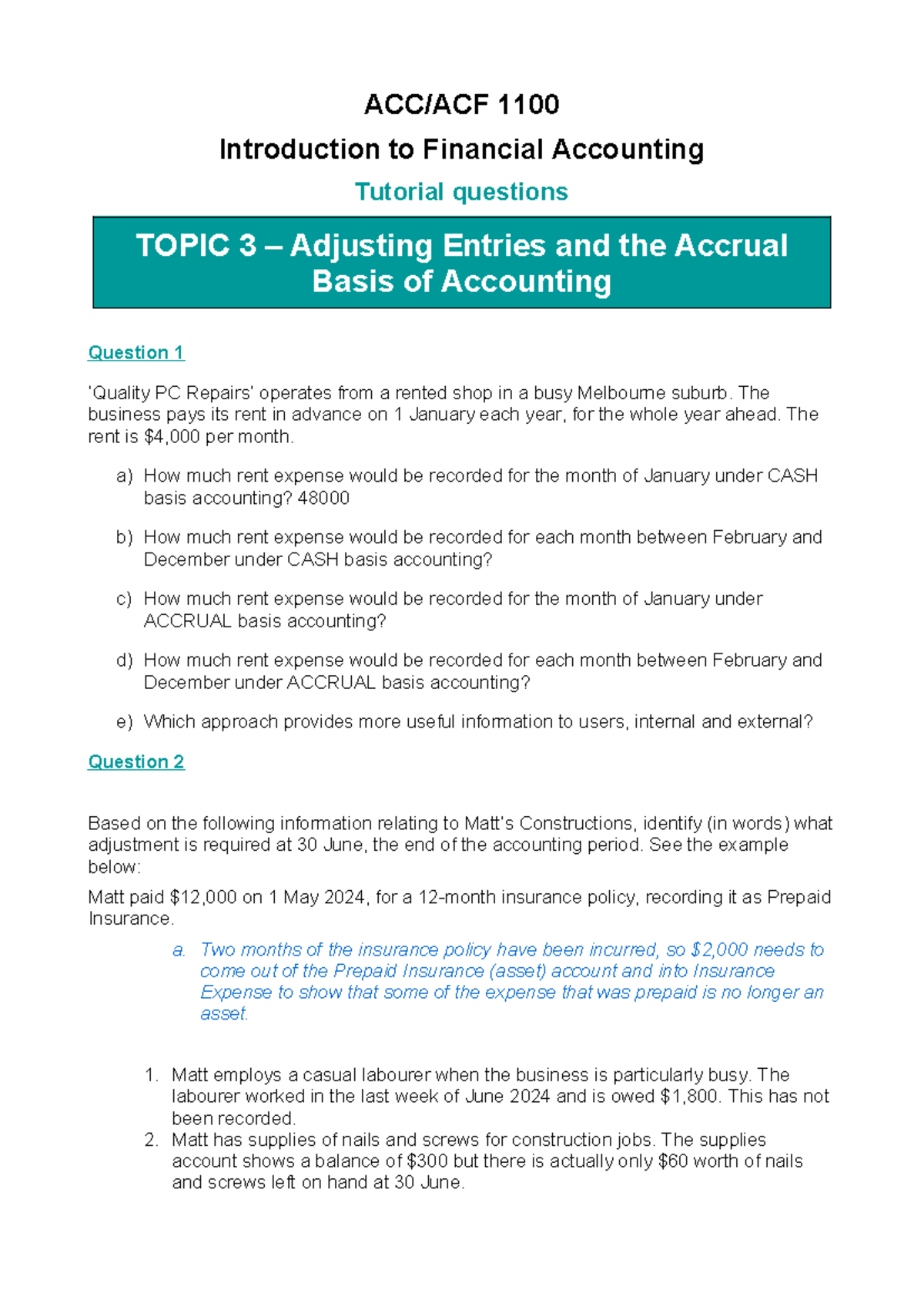 1100 Financial Accounting Tutorial Questions: Topic 3 Adjusting Entries ...