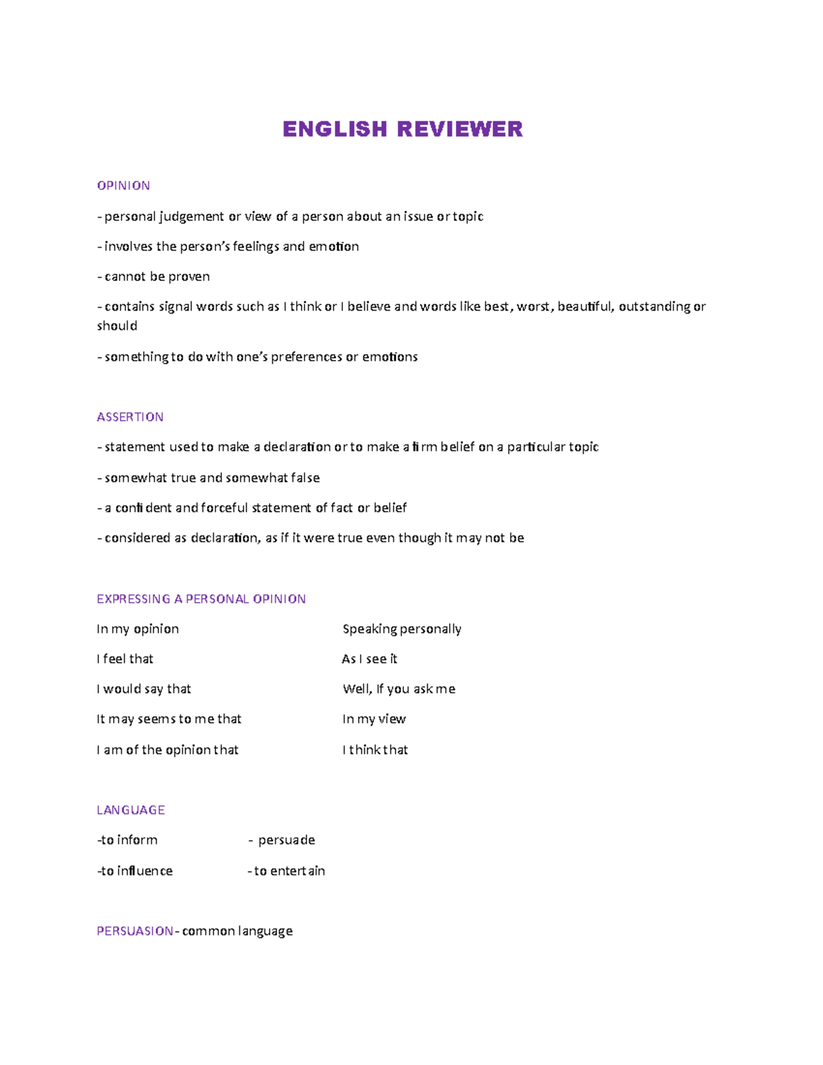 English Reviewer 2ND Quarter - ENGLISH REVIEWER OPINION personal ...