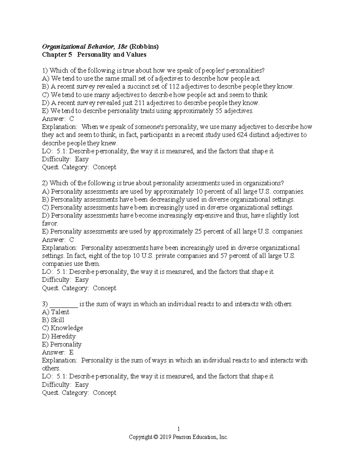 Chapter 5 - Personality and Values Test Bank (Org. Behavior 18e) - Studocu