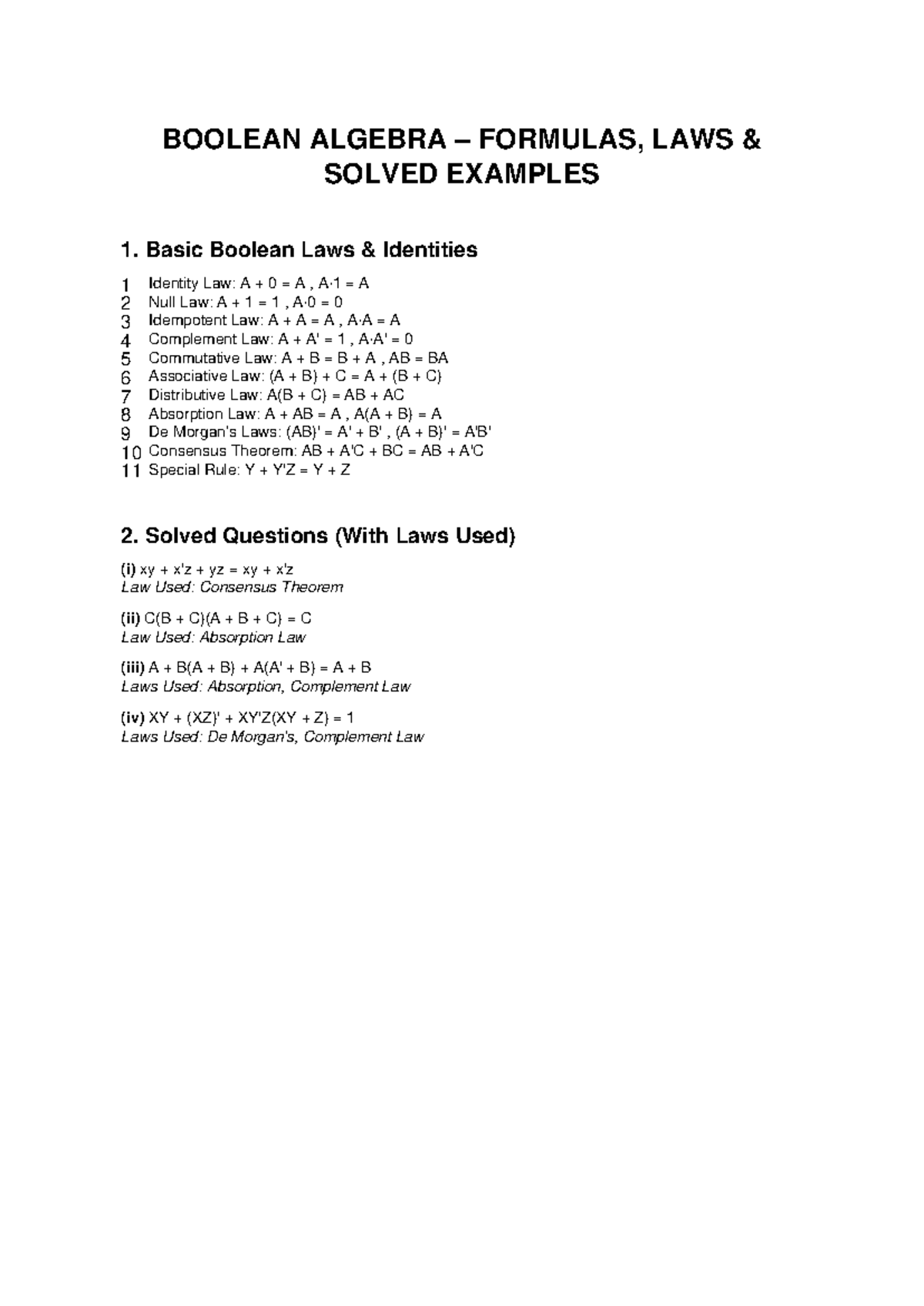 Boolean Algebra Complete Notes: Formulas, Laws & Examples - Studocu