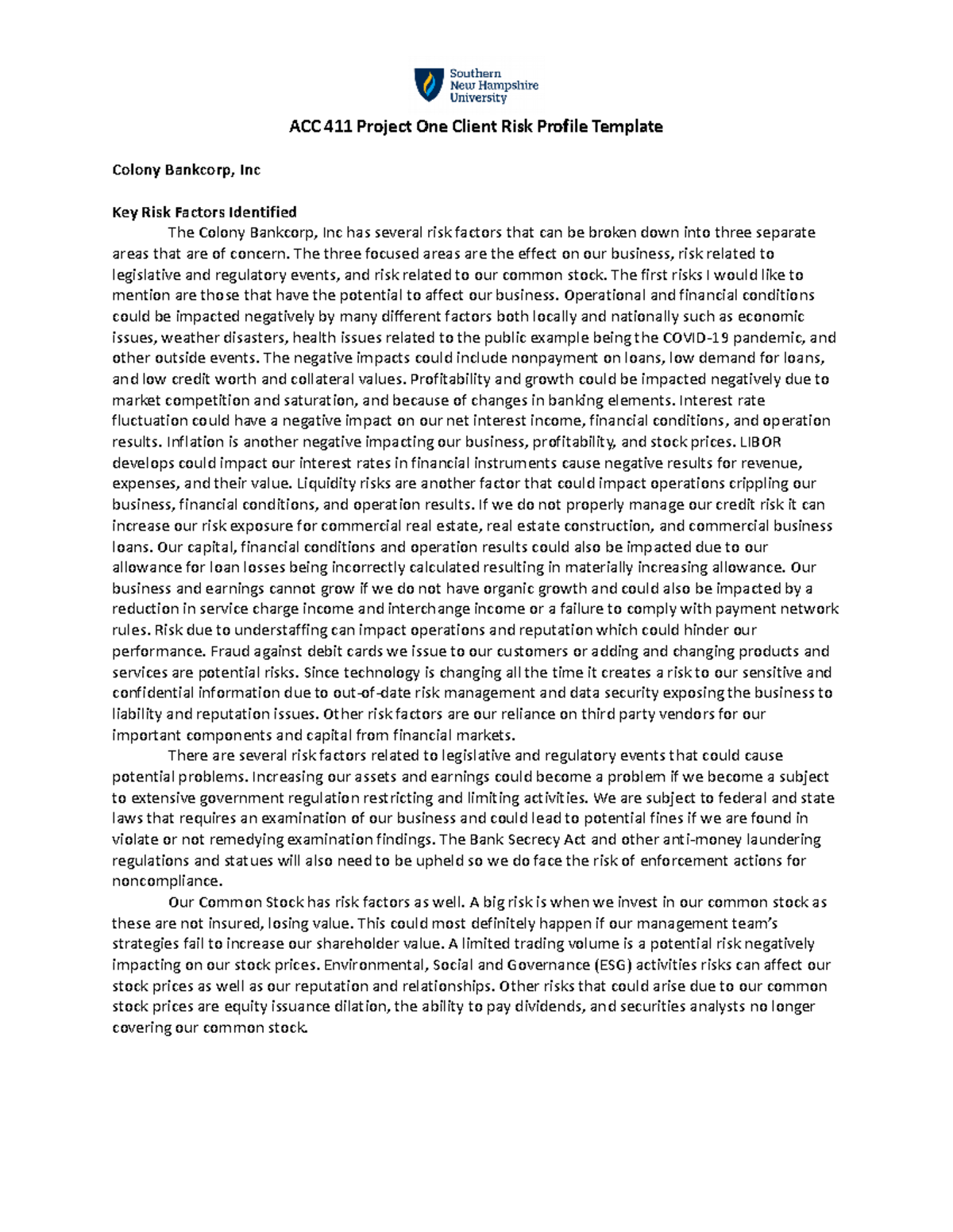 ACC 411 Client Risk Profile Analysis for Colony Bankcorp, Inc. - Studocu