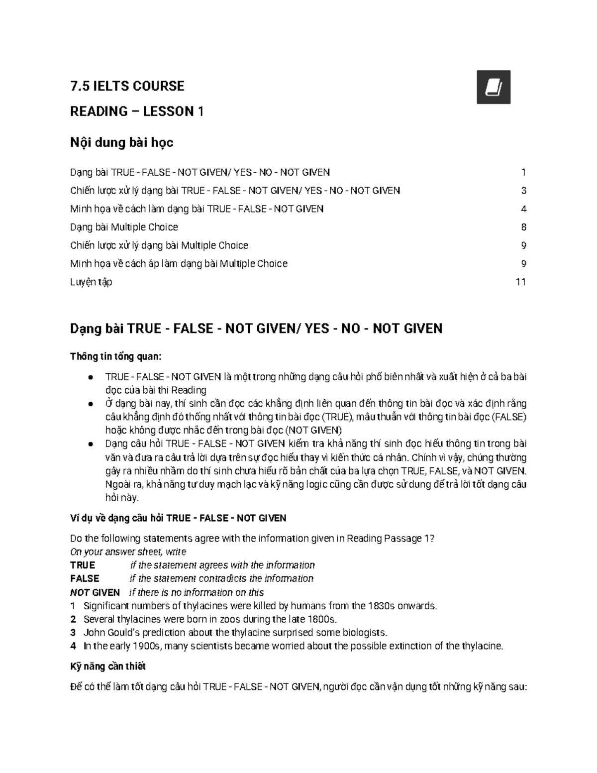 7.5 IELTS READING LESSON 1: TRUE/FALSE/NOT GIVEN & MULTIPLE CHOICE ...