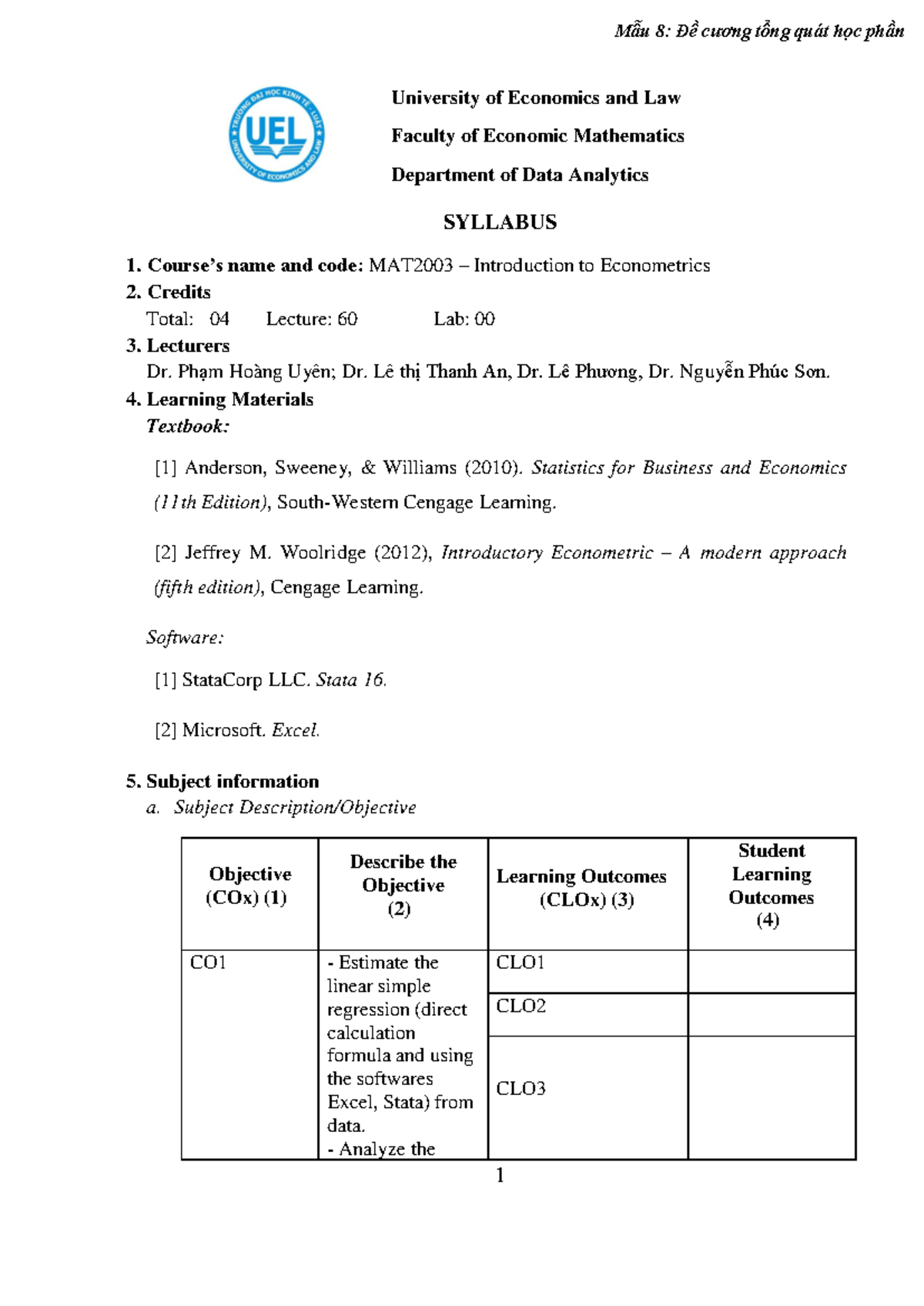 Econometrics syllabus - 2024 - University of Economics and Law Faculty ...