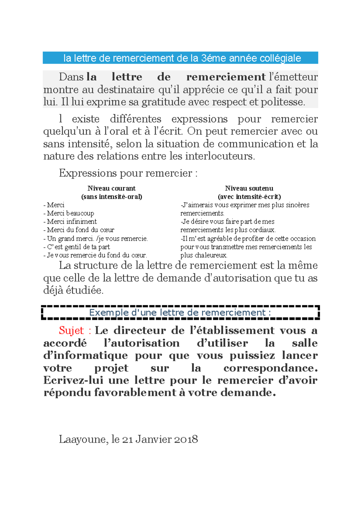 Lettre de Remerciement - 3ème Année Collégiale - Studocu