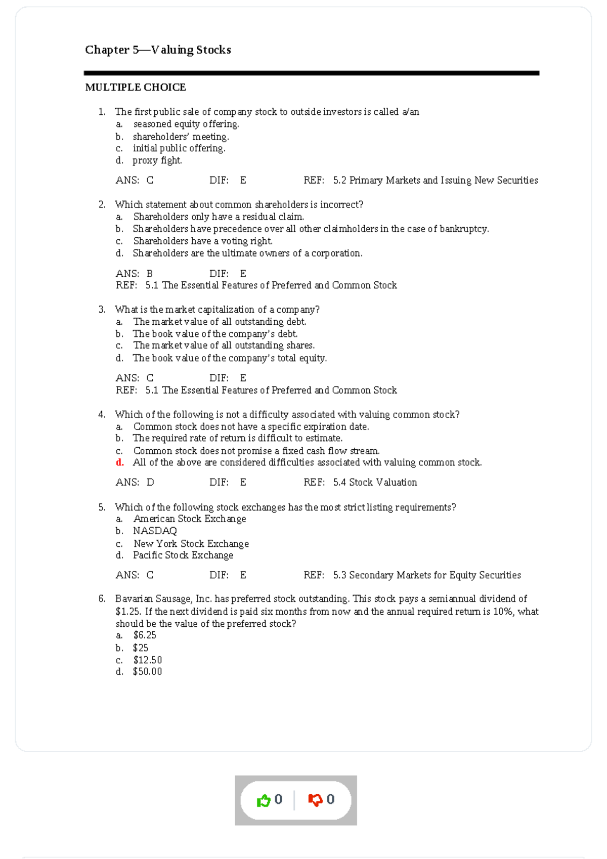Valuing Stocks: Key Concepts and Multiple Choice Questions (Chapter 5 ...