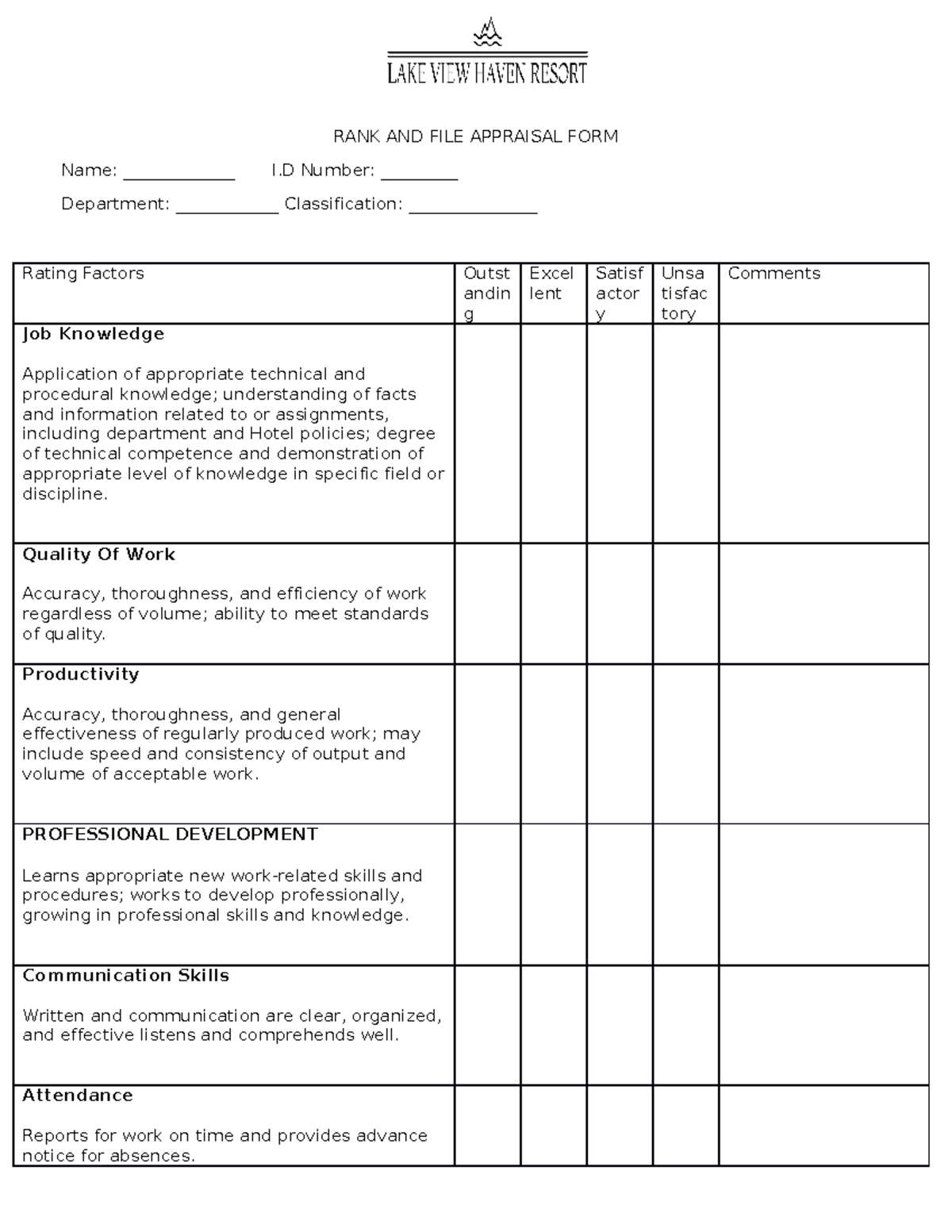 RANK AND FILE Employee Appraisal Form for Performance Review - Studocu