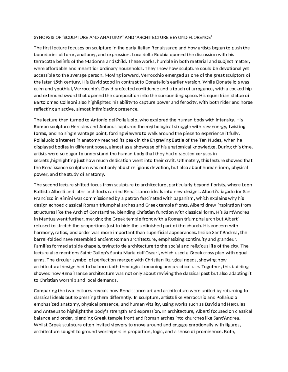 SYNOPSIS OF LECTURES ON RENAISSANCE SCULPTURE & ARCHITECTURE - Studocu