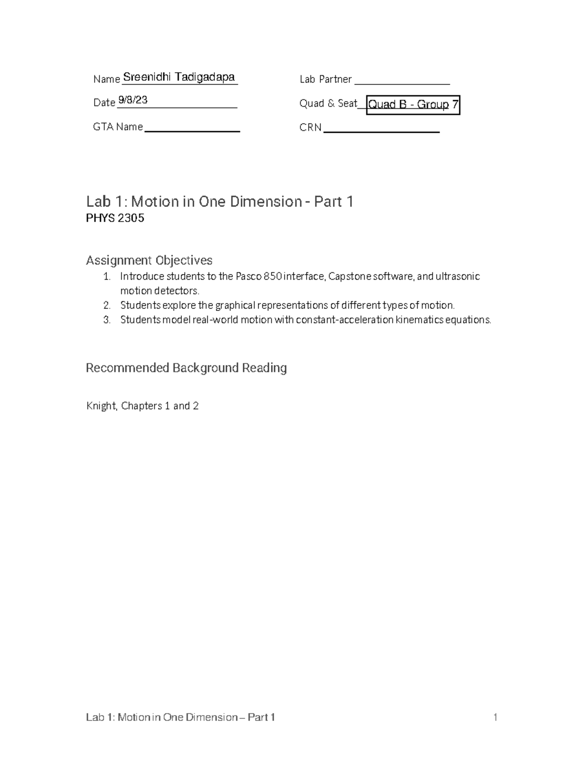 2305 - Lab 1: Motion in One Dimension Analysis and Procedures - Studocu