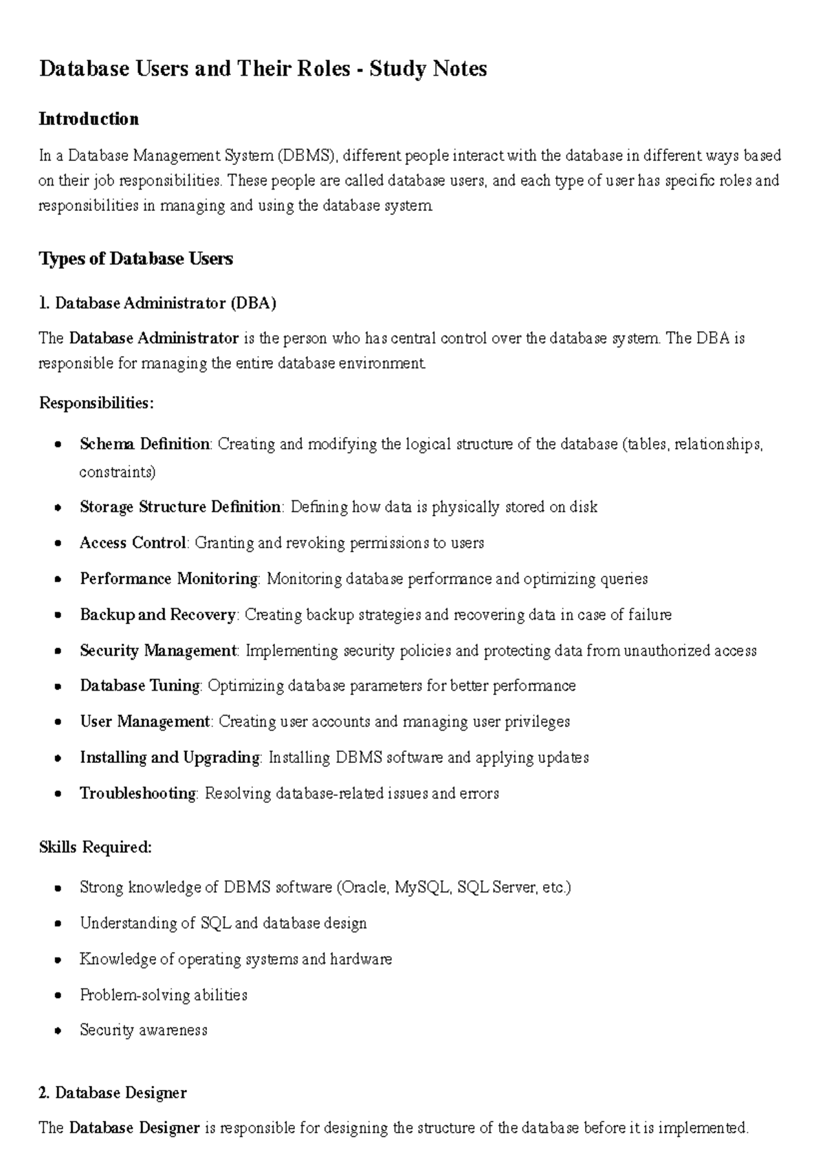 Database Roles - Study Notes for DBMS Exams (DBMS 101) - Studocu