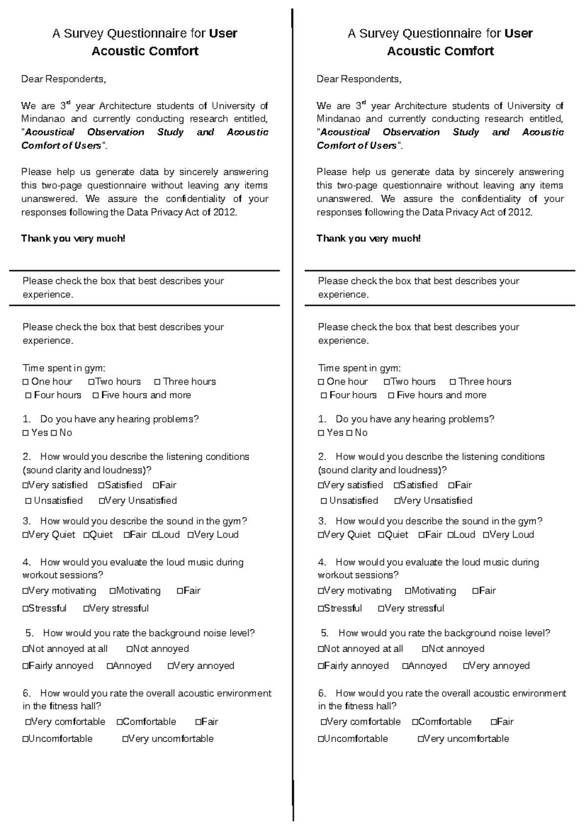 User Acoustic Comfort Survey Questionnaire for Architecture Students ...