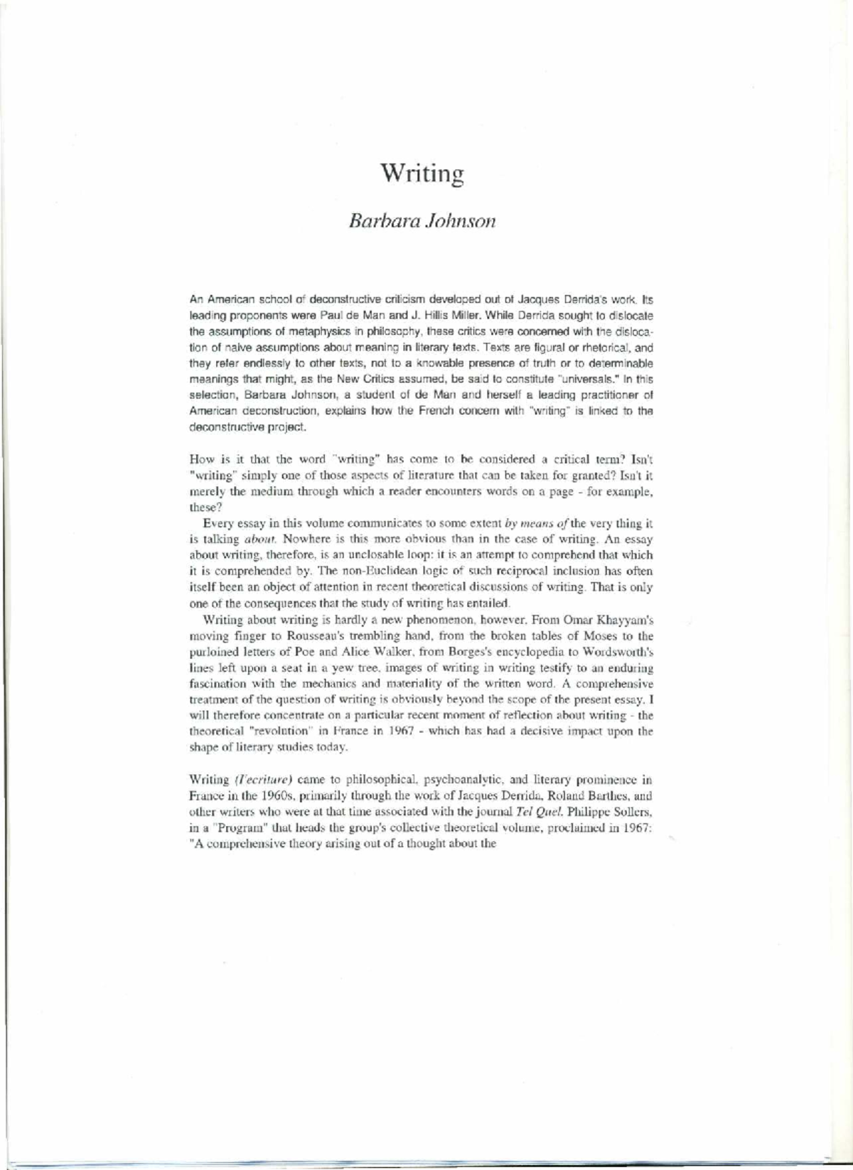 Deconstruction Reading: Insights from Barbara Johnson's "Writing" Essay ...
