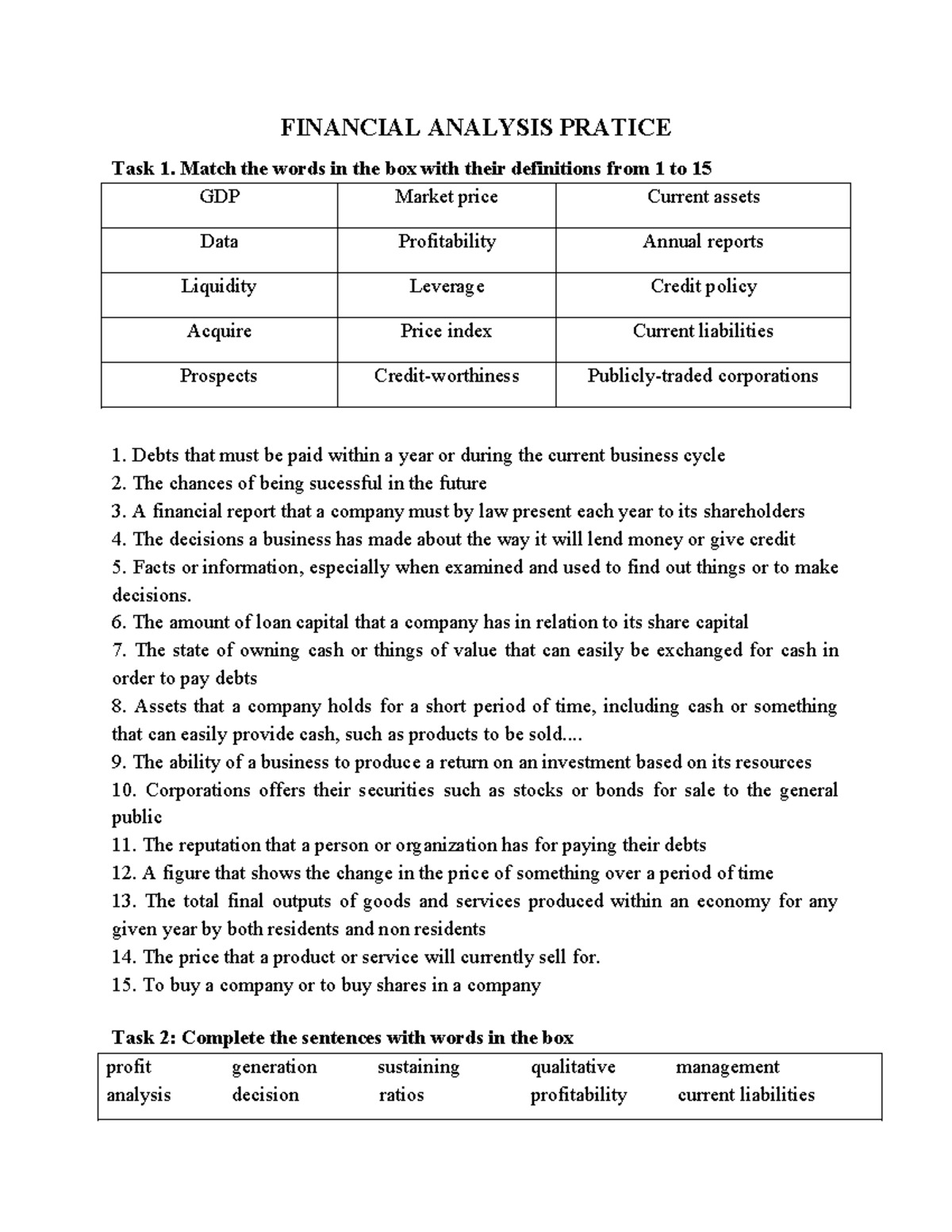 F Analysis Pratice FOR STs - FINANCIAL ANALYSIS PRATICE Task 1. Match ...