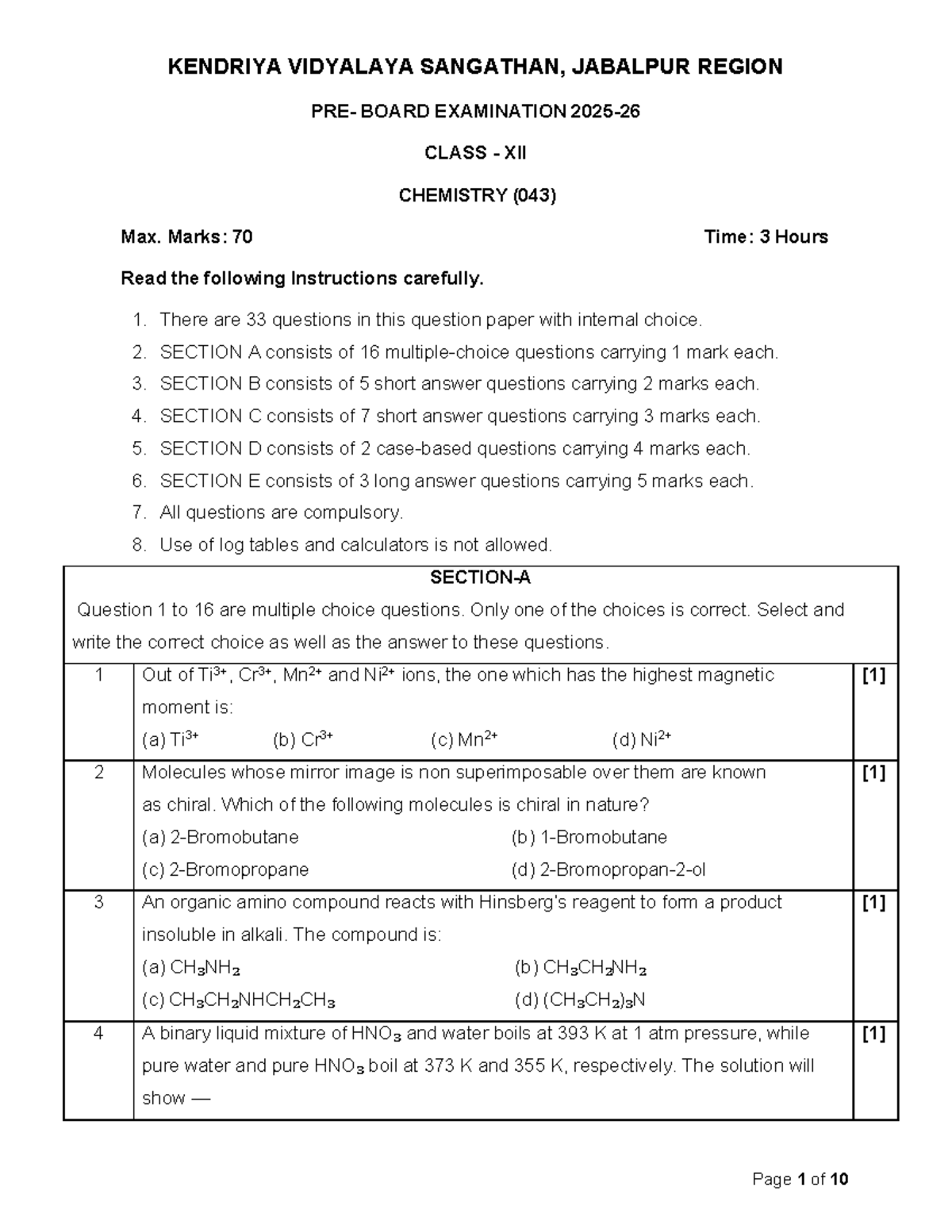 Chemistry KV 2026 - Class XII Board Exam Question Paper - Studocu