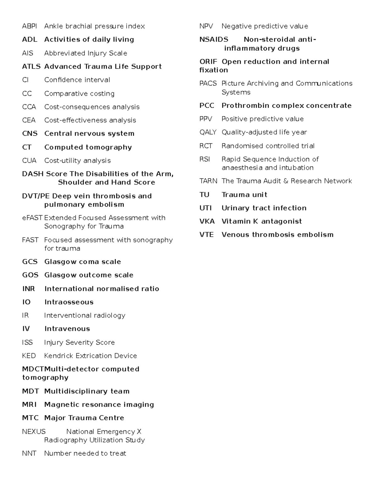 Medical Abbreviation (Trauma) - ABPI Ankle brachial pressure index ADL ...