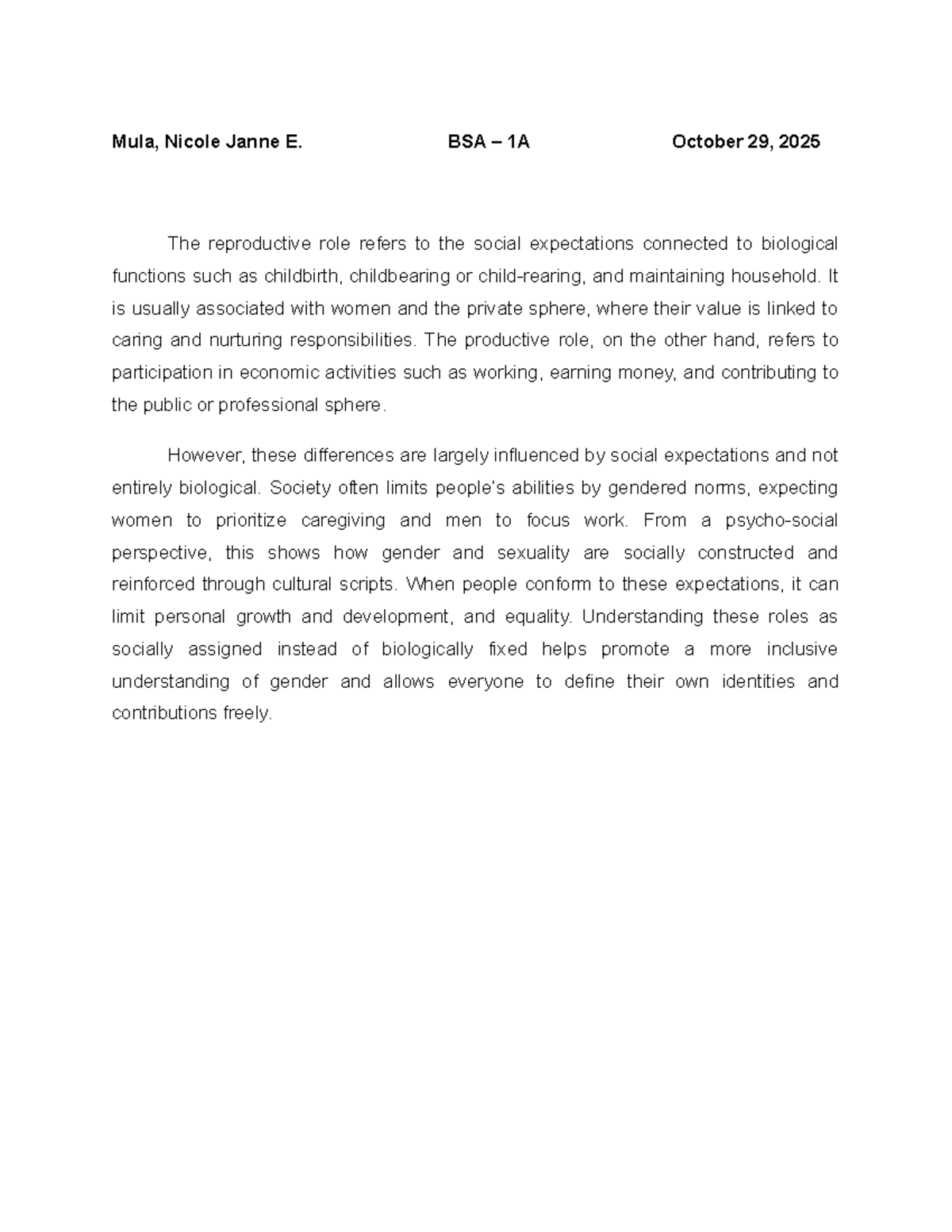 Gender Roles and Social Expectations in Society - BSA 1A - Studocu