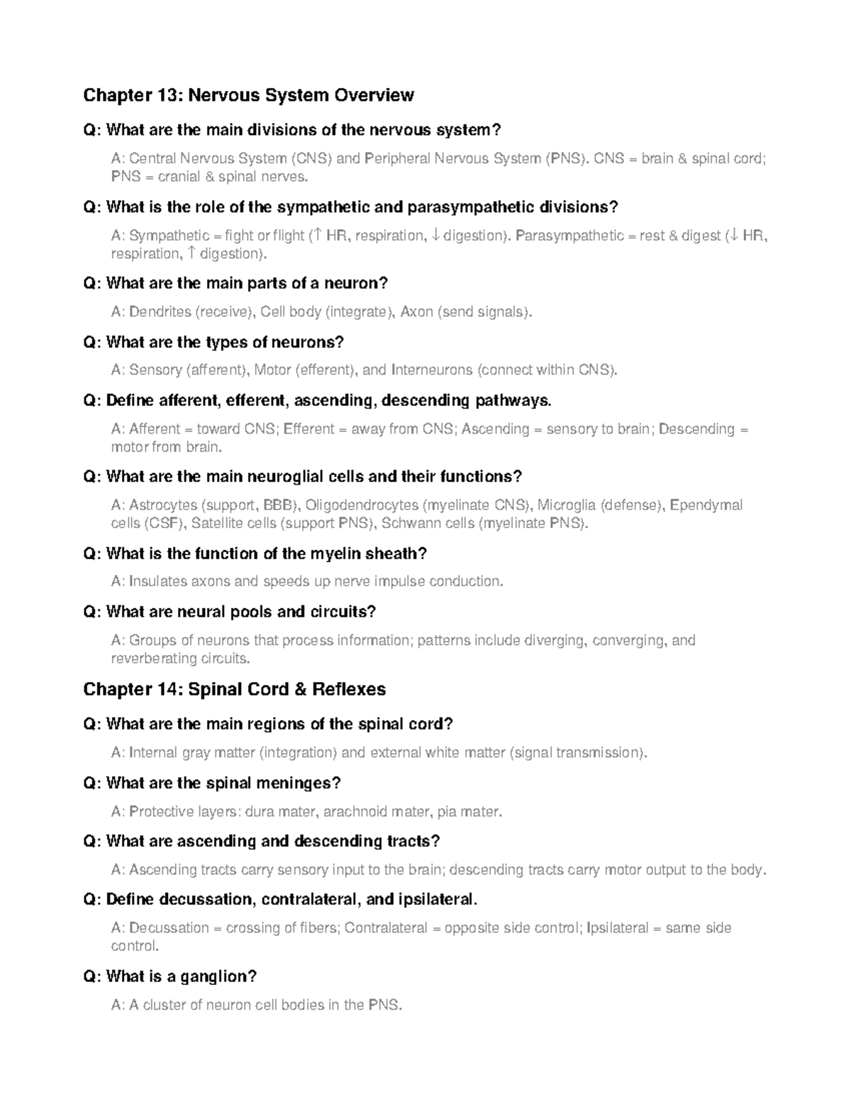 Nervous System Overview: Chapters 13-16 Review Notes - Studocu