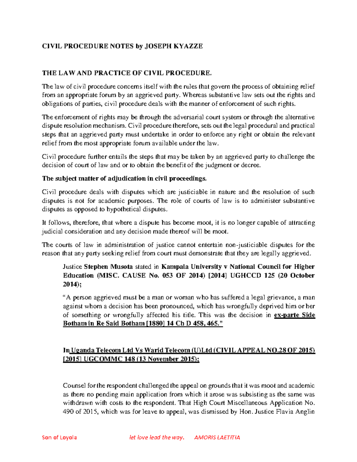 CIVIL PROCEDURE NOTES (CIVIL LAW 101) by Joseph Kyazze - Studocu