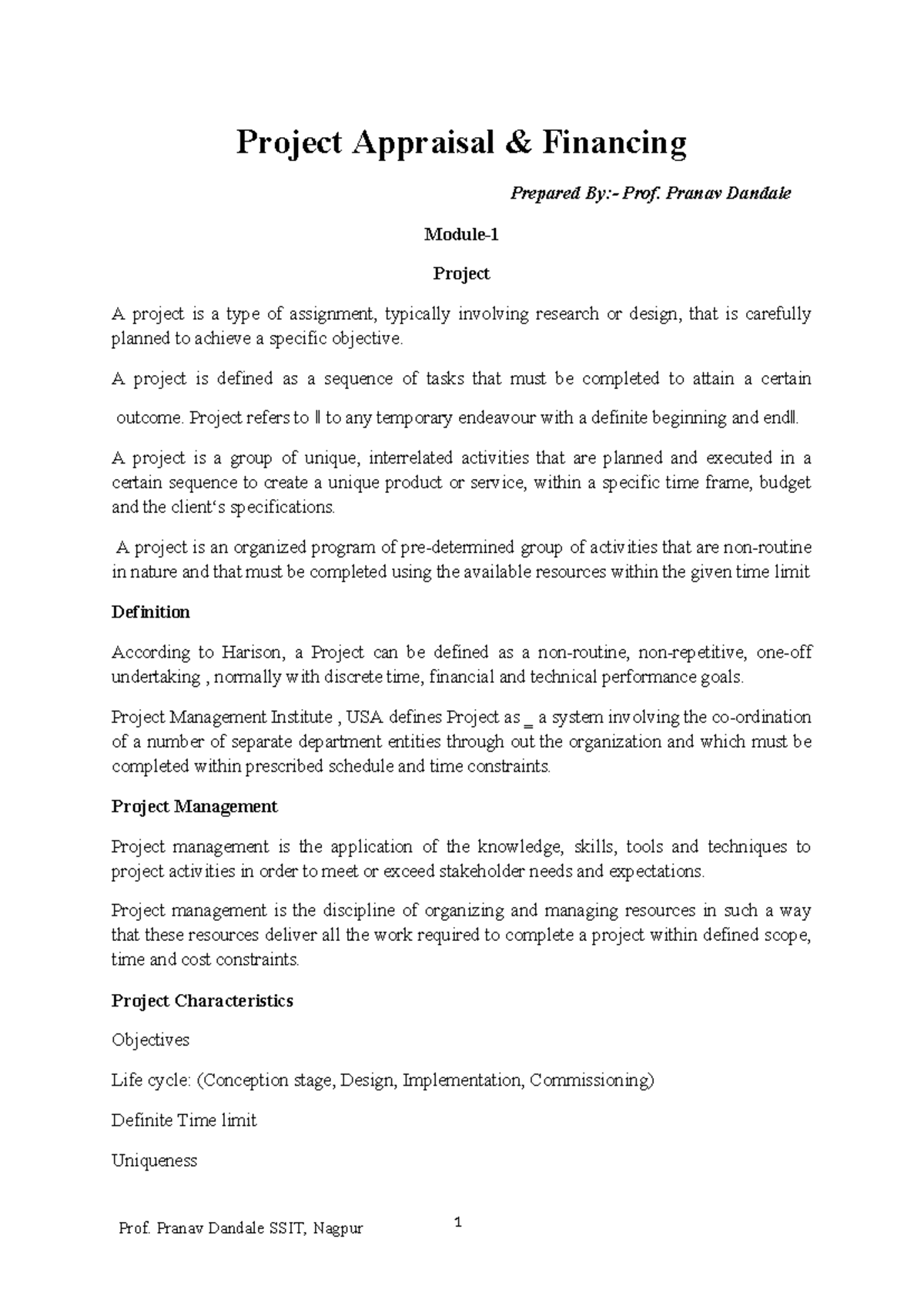 Project Appraisal & Financing (SSIT 2024) - Comprehensive Guide - Studocu