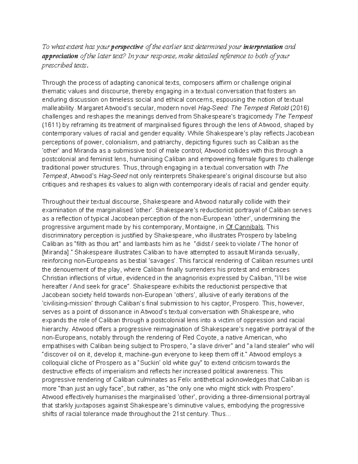 Formative Essay: Textual Conversations in The Tempest & Atwood's ...