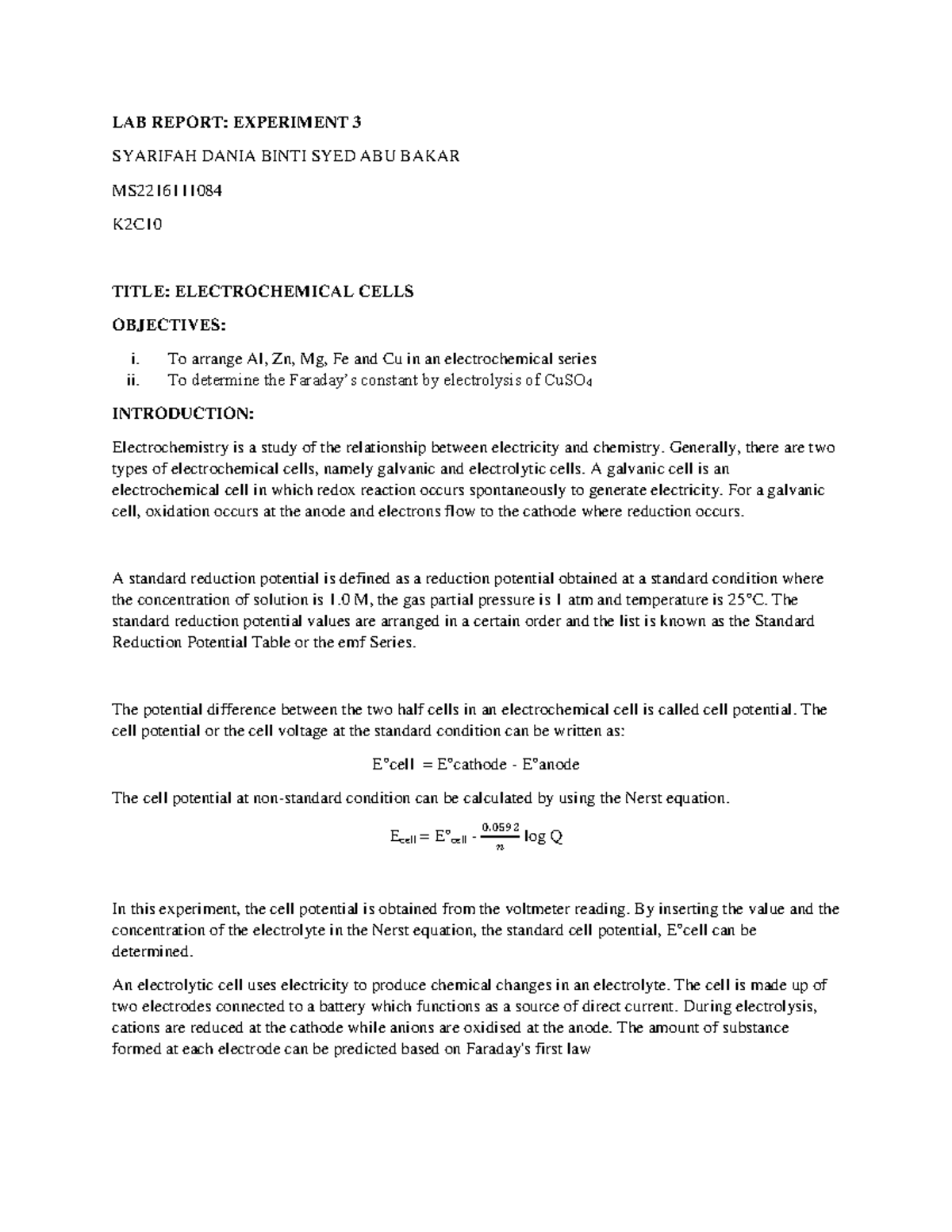 LAB Report Exp 3: Electrochemical Cells & Faraday's Constant - SK025 ...