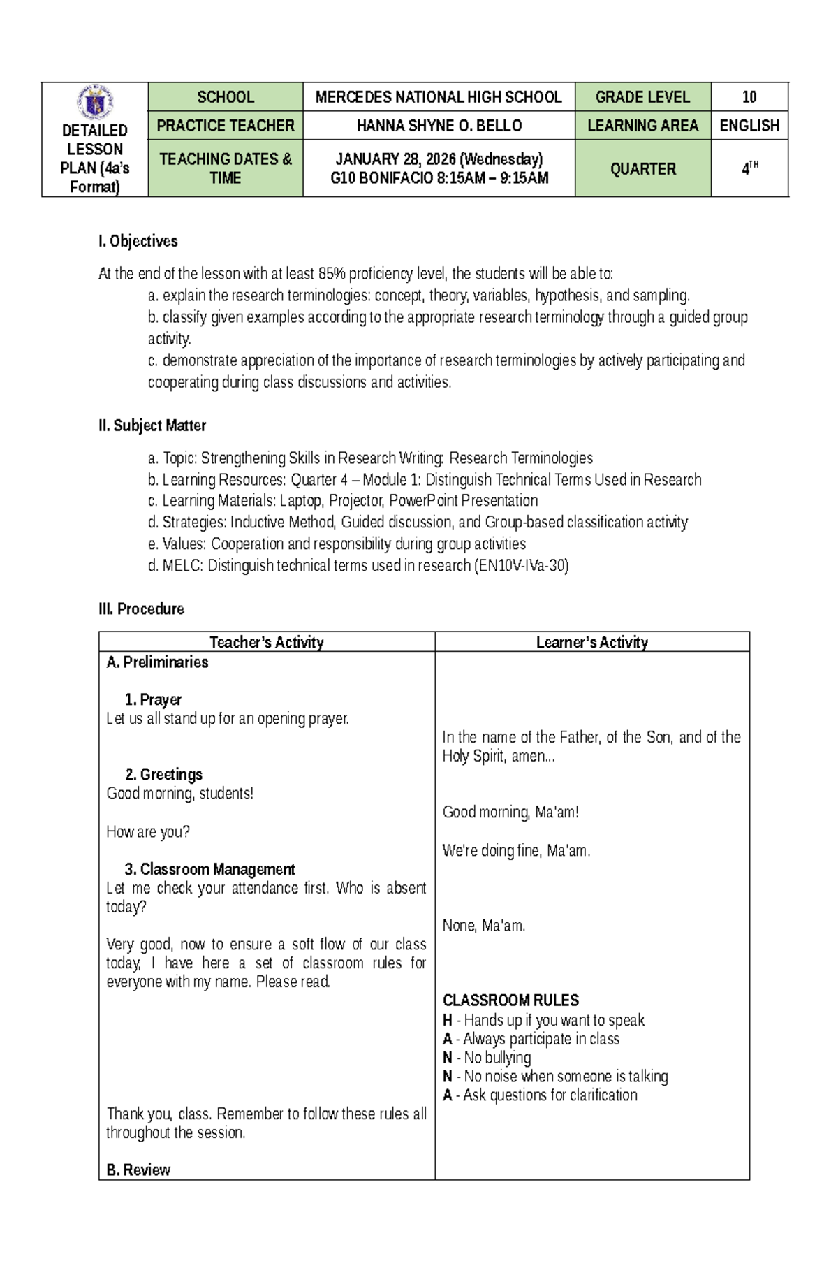 01-28-26 - DLP - Research Terminologies Lesson Plan for G10 - Studocu