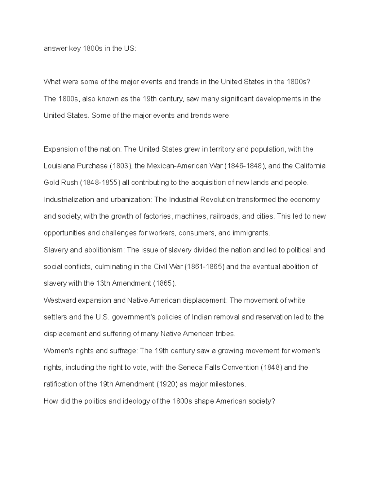 Answer key 1800s in the US - answer key 1800s in the US: What were some ...