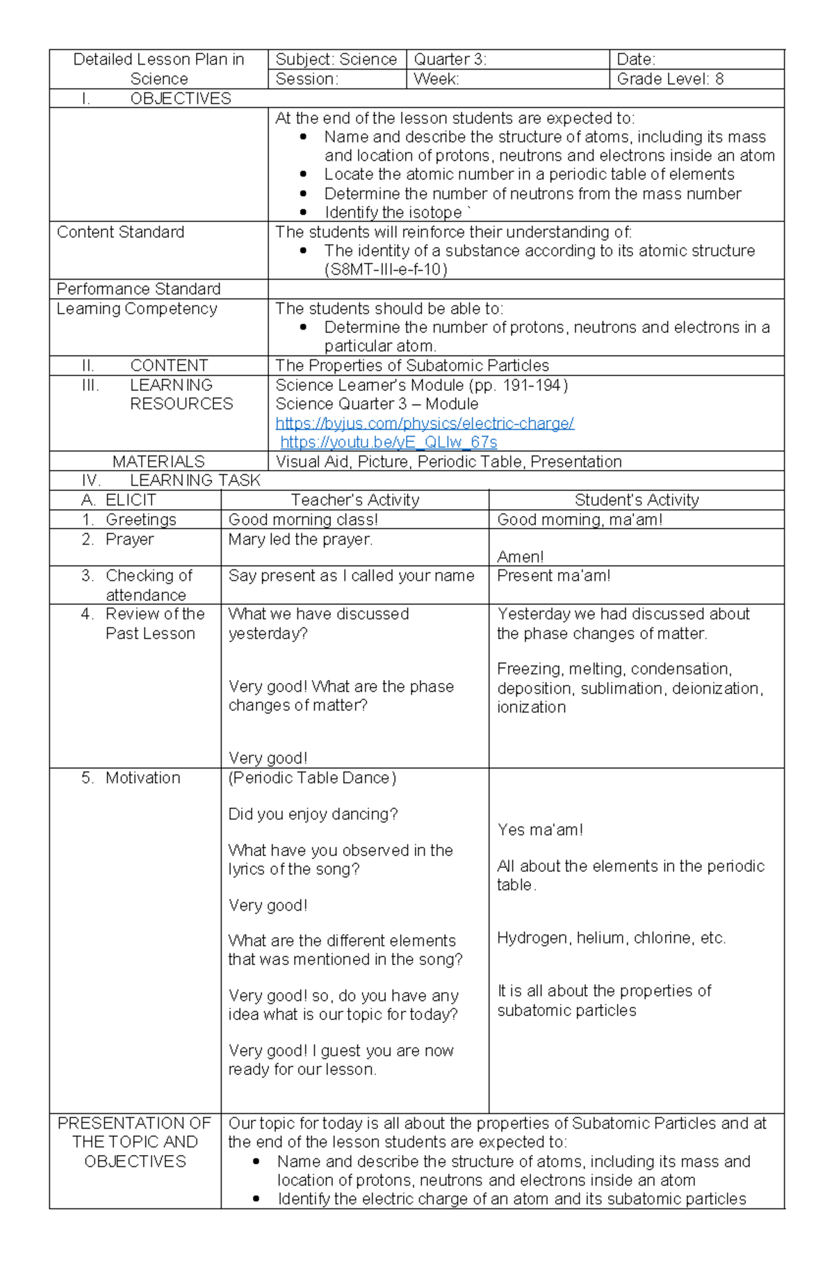 Science I Lesson Plan: Understanding Atoms & Subatomic Particles - Studocu