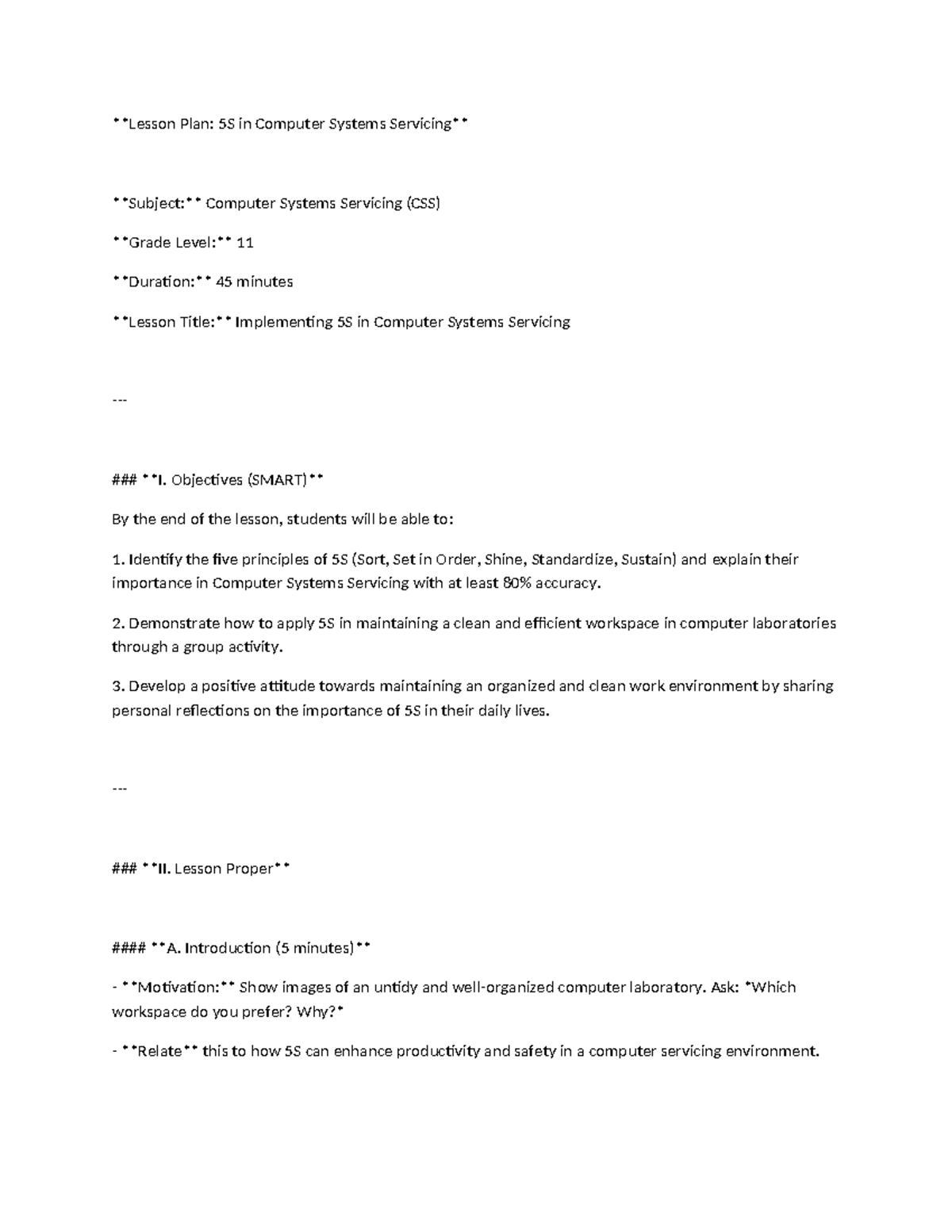 LP - Lesson Plan: Implementing 5S in CSS 11 for Efficient Workspaces - Studocu