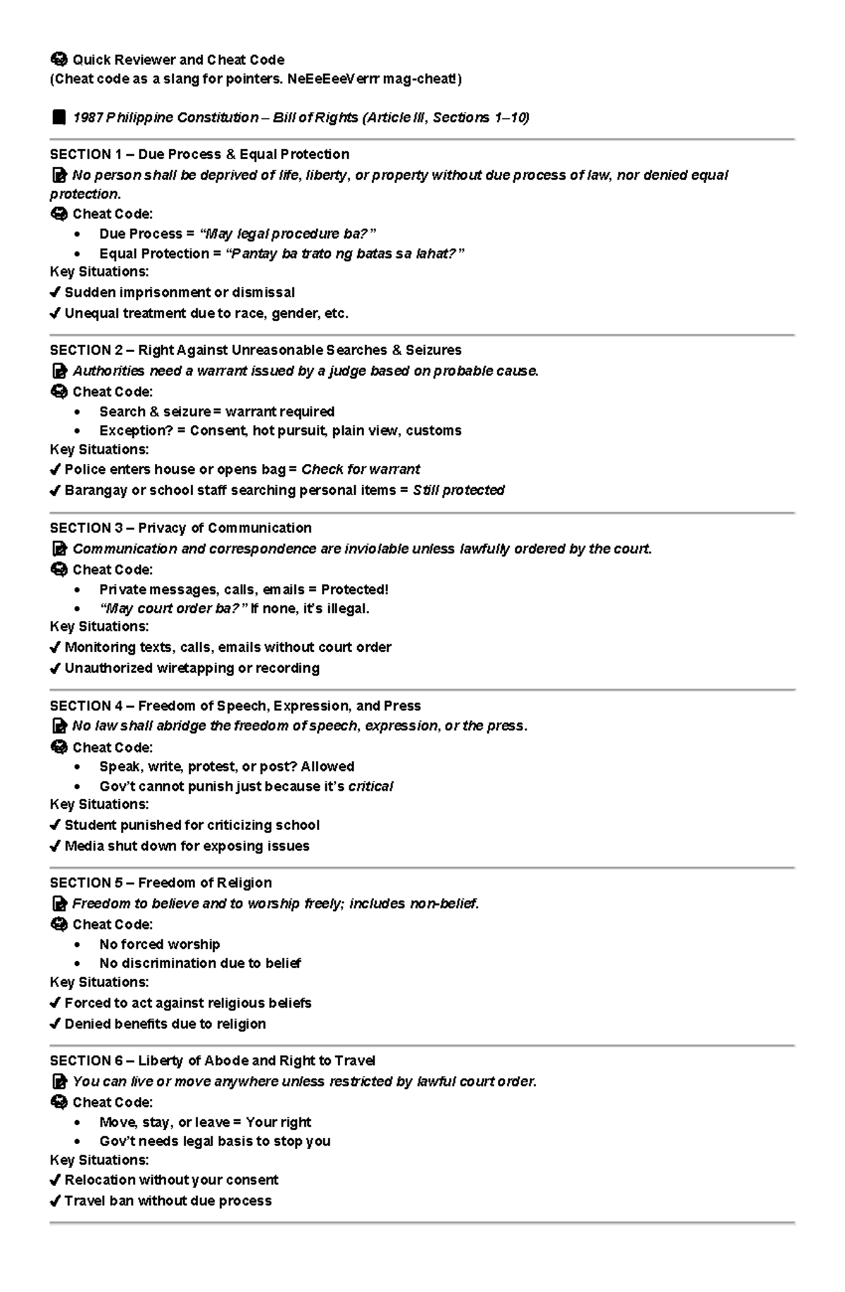BIL 1987 PH Constitution Bill of Rights Quick Review & Cheat Codes ...