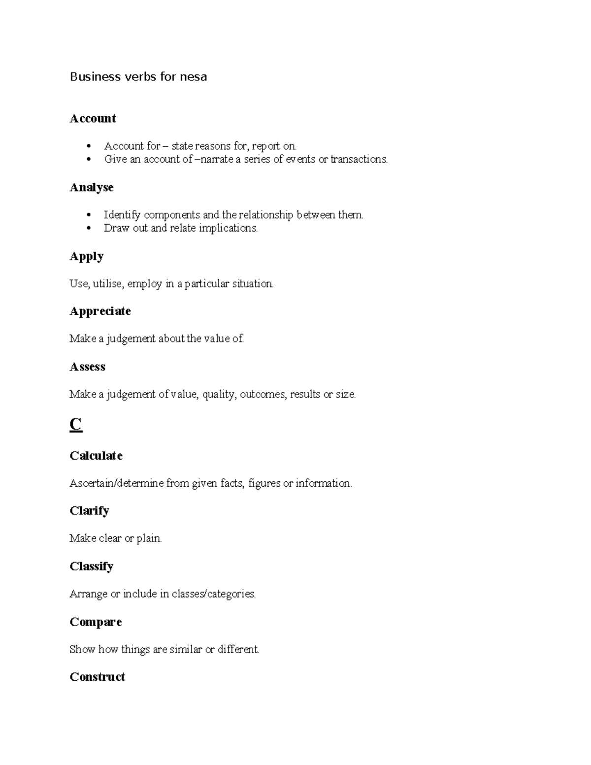 Business NESA Verbs: Key Terms and Their Applications - Studocu