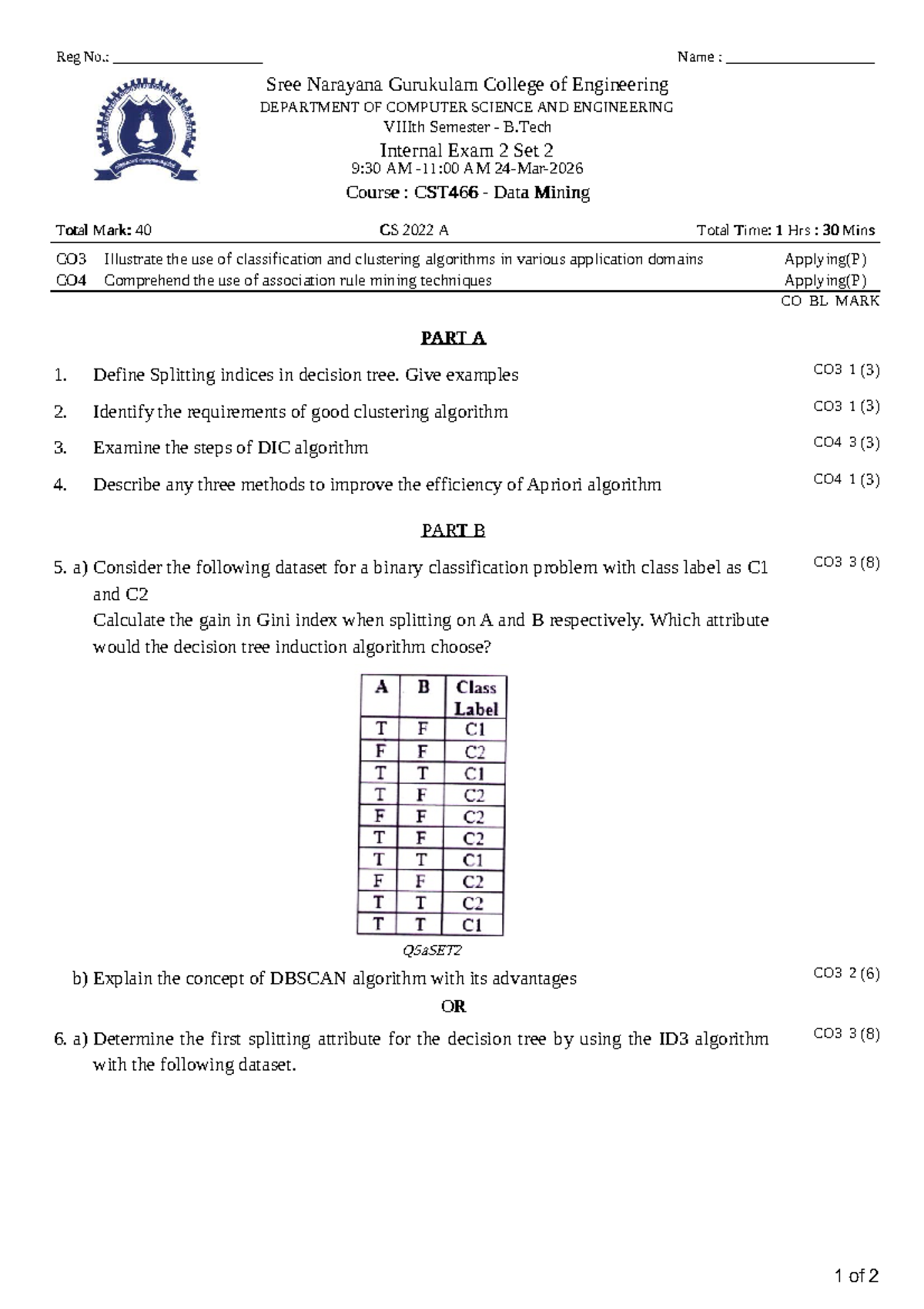 CST466 Data Mining Internal Exam 2 Set 2 - Classification & Clustering ...