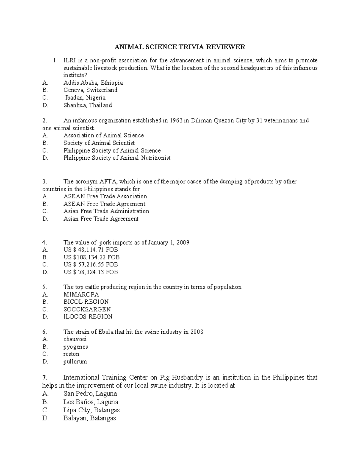 Animal Science Trivia Reviewer (AS 101) - Studocu
