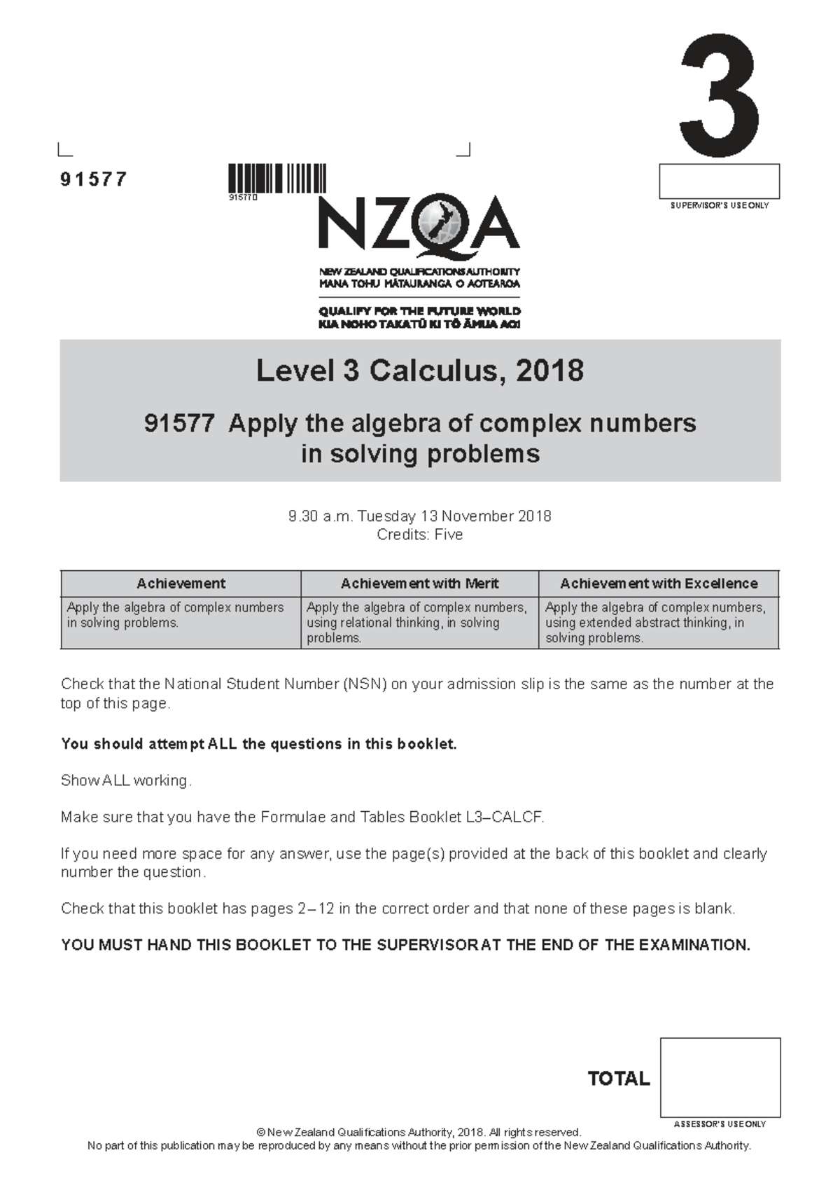 91577 Level 3 Calculus 2018: Complex Numbers Problem Solving - Studocu
