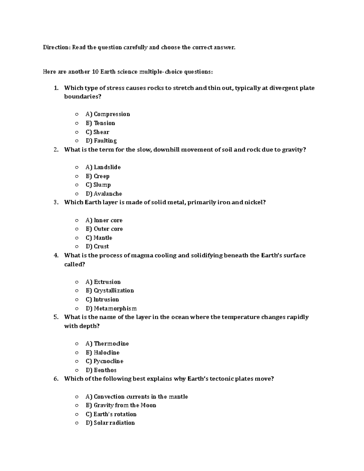 Y105 - Earth Science Quiz: Understanding Geological Processes - Studocu