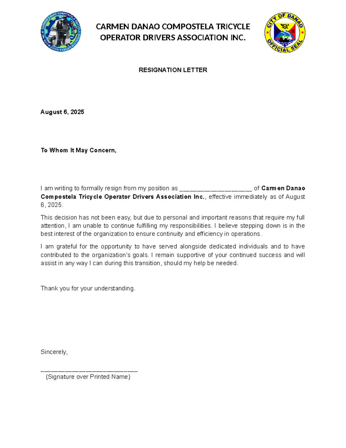 CARMEN DANAO TRICYCLE OPERATOR RESIGNATION LETTER - Studocu