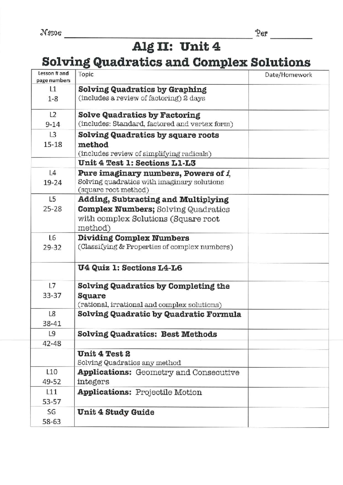 Unit 4: Solving Quadratics & Complex Numbers Study Guide - Studocu