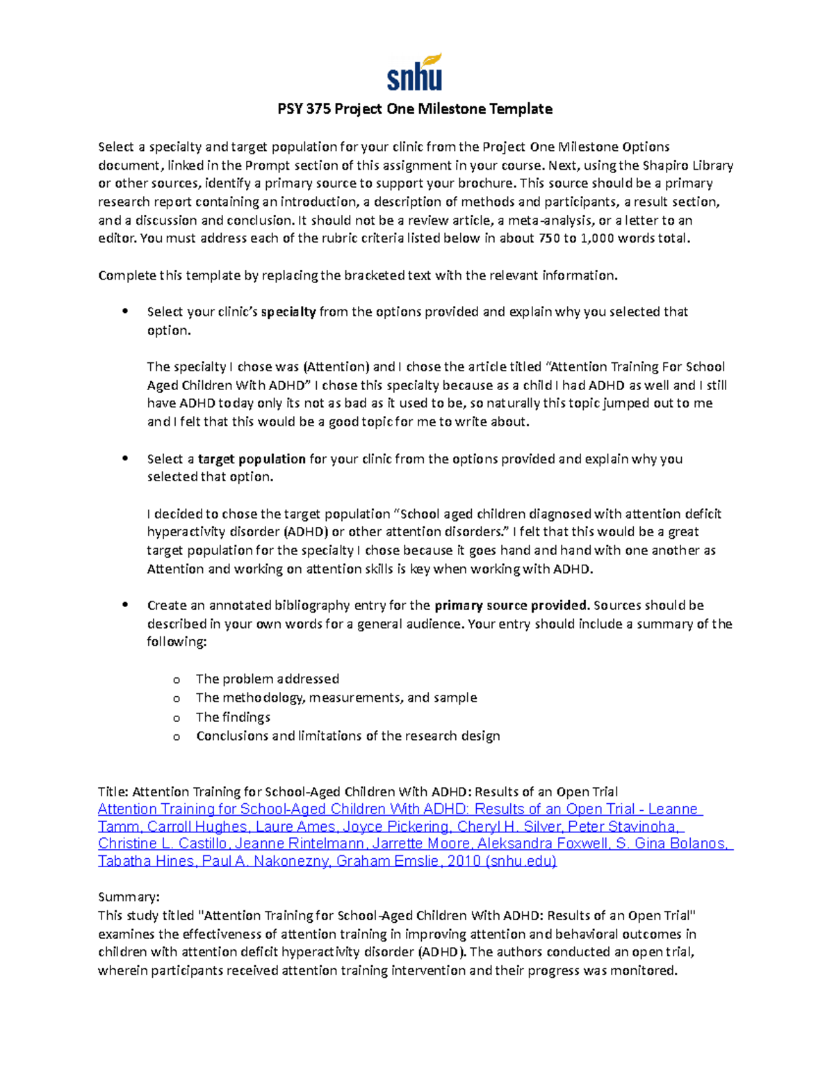 PSY 375 Project One Milestone Template: Attention Training for ADHD ...