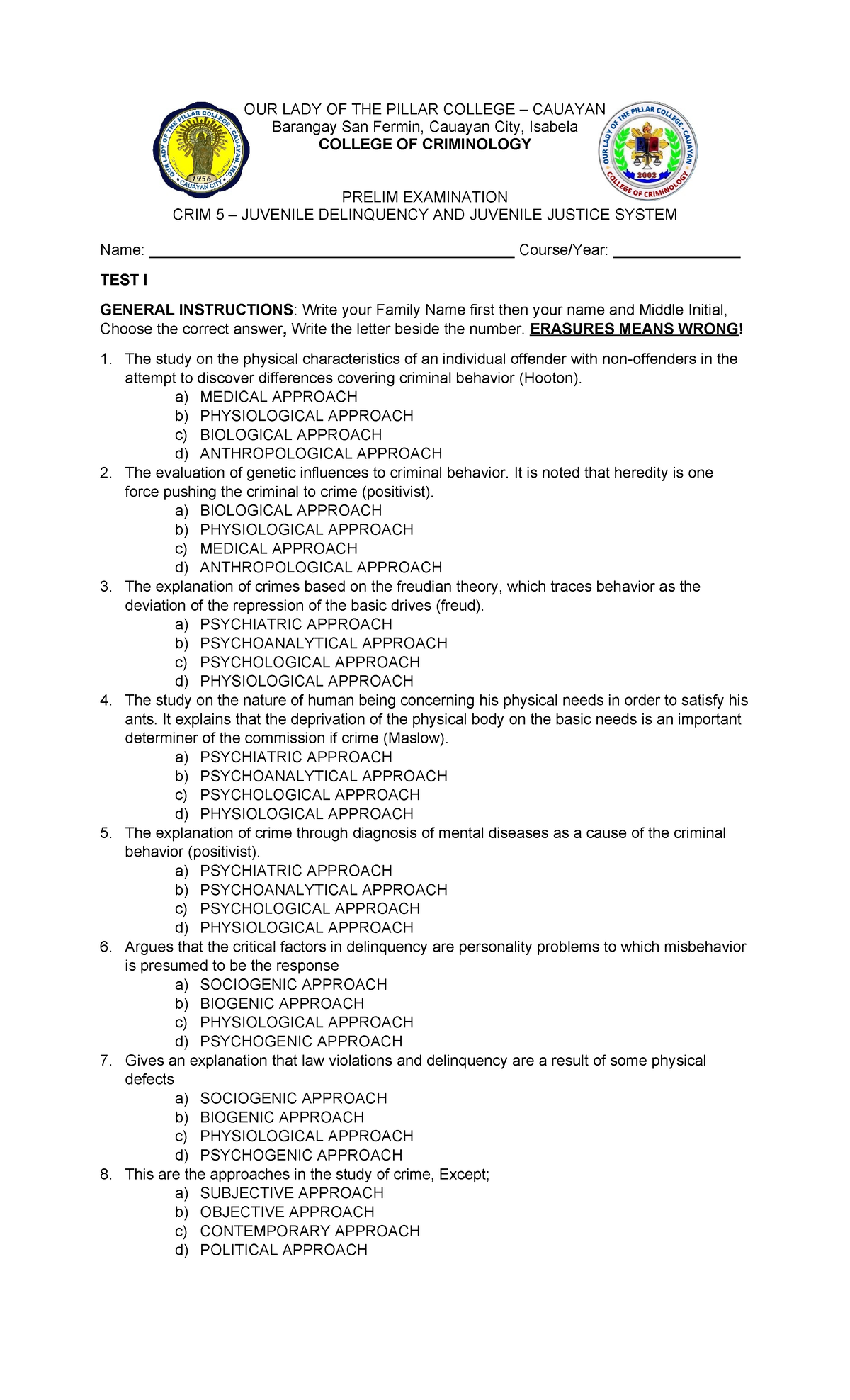 Prelim Exam CRIM 5: Juvenile Delinquency & Justice System Insights ...