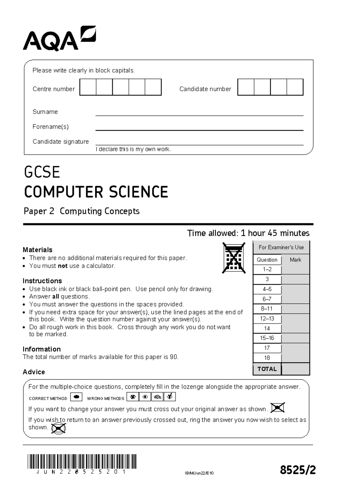 AQA 85252 GCSE Computer Science Paper 2 Past Exam Questions - Studocu