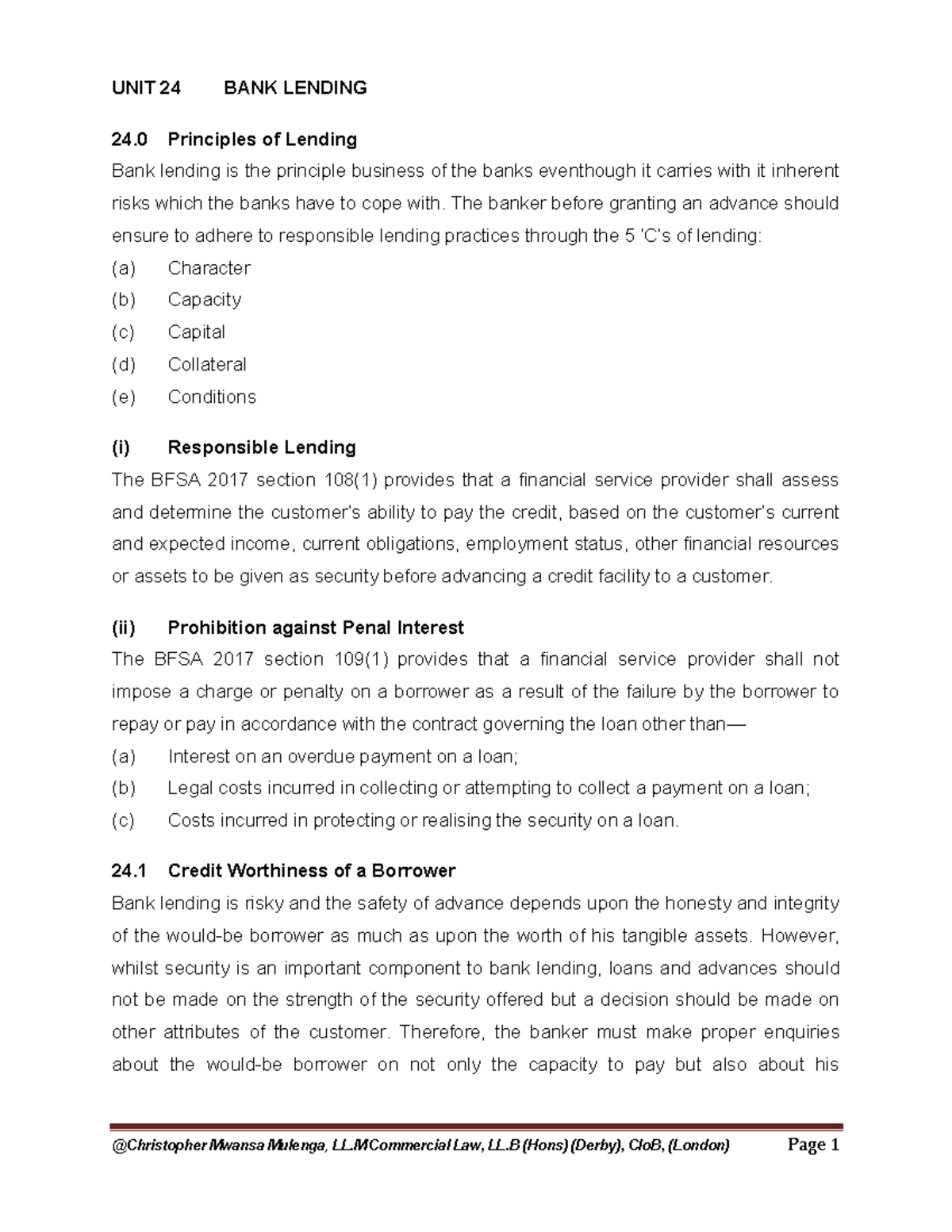UNIT 24: Principles of Bank Lending and Credit Assessment - Studocu